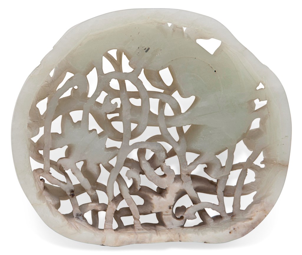 A PALE GREENISH-WHITE JADE 'SPRING WATER' OVAL PLAQUE, YUAN-MING ...