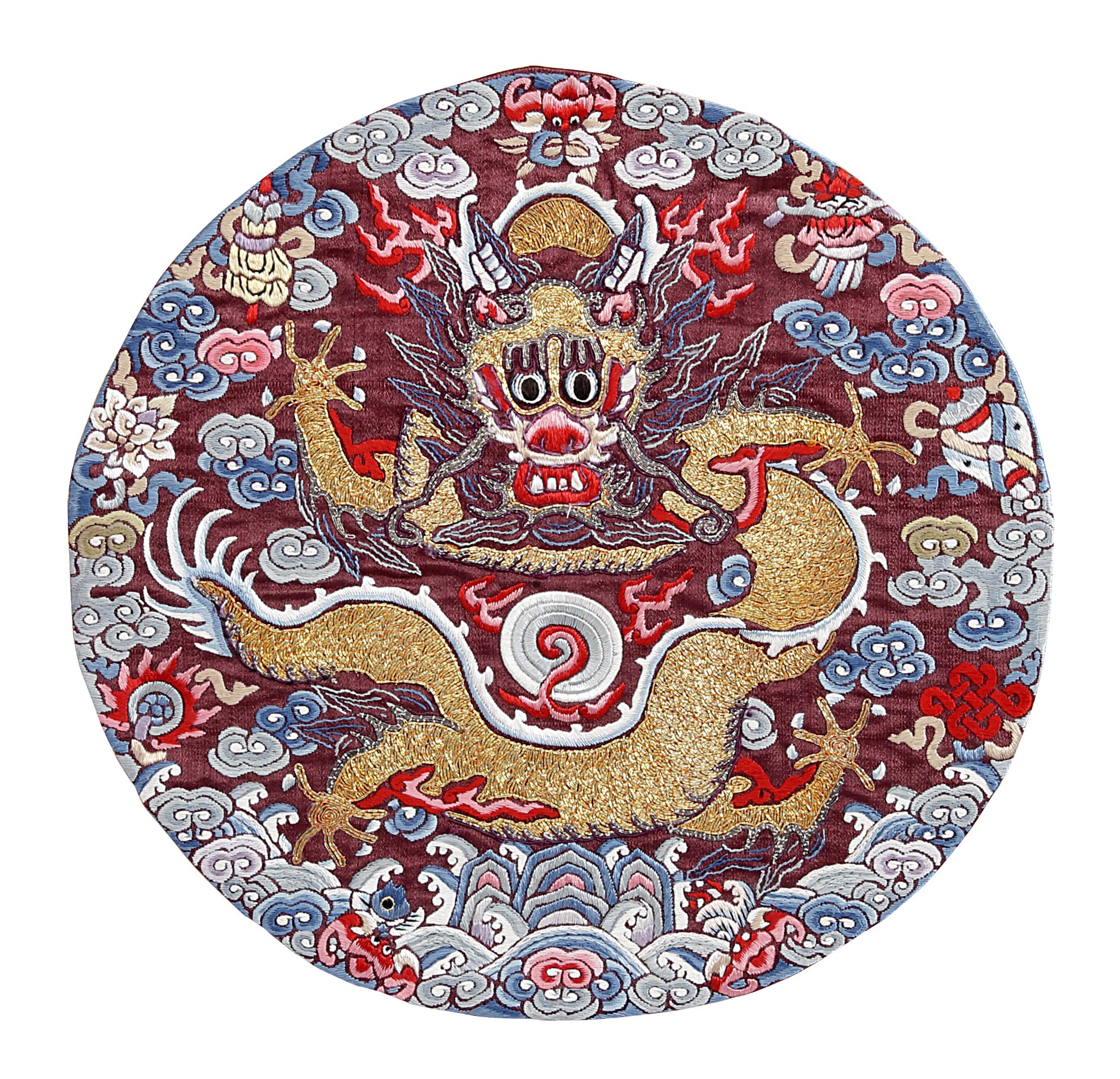 AN EMBROIDERED REDDISH-BROWN SILK DRAGON ROUNDEL, LATE QING DYNASTY ...