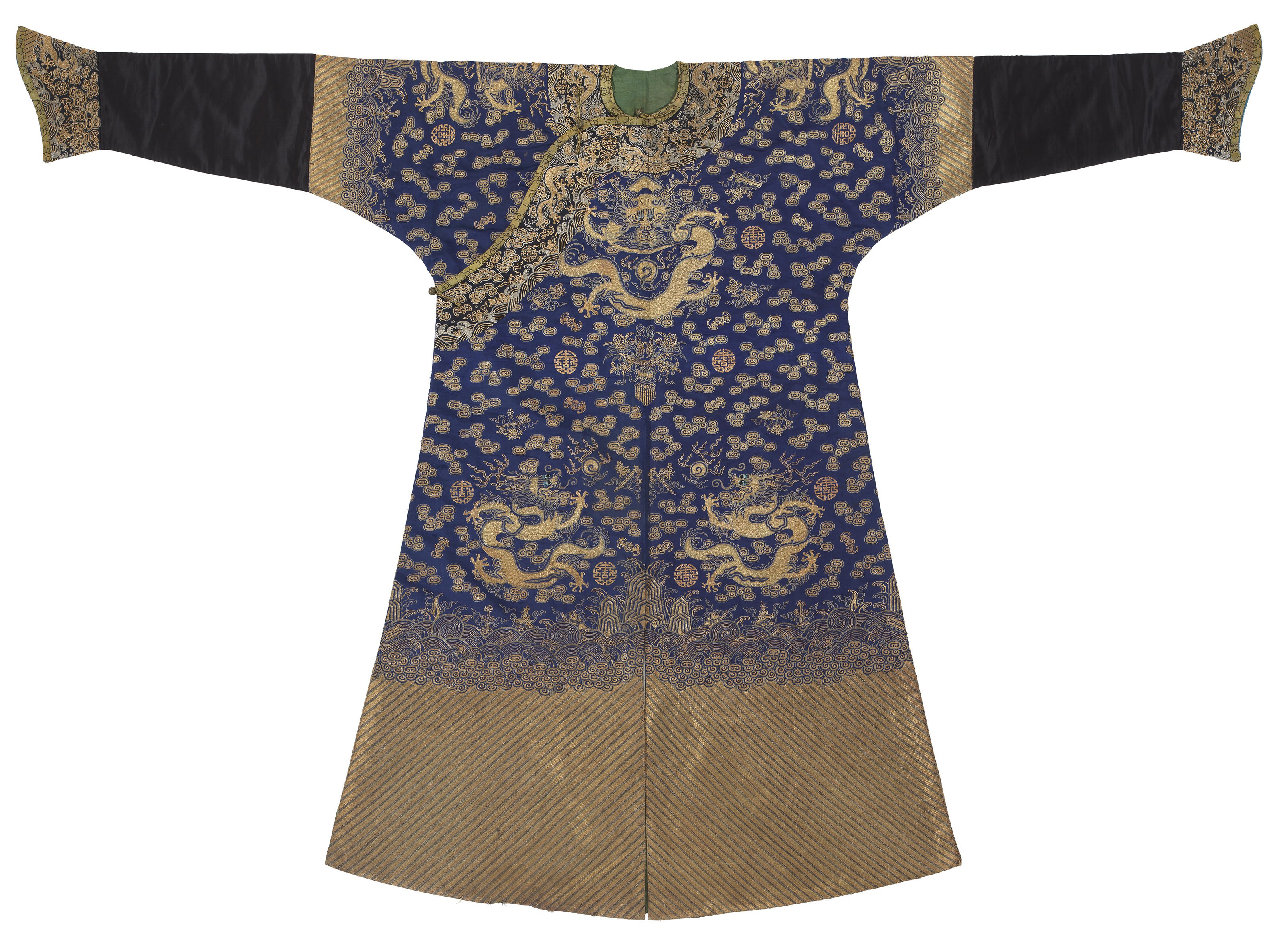 A GOLD AND SILVER-EMBROIDERED BLUE-GROUND DRAGON ROBE, LATE QING ...