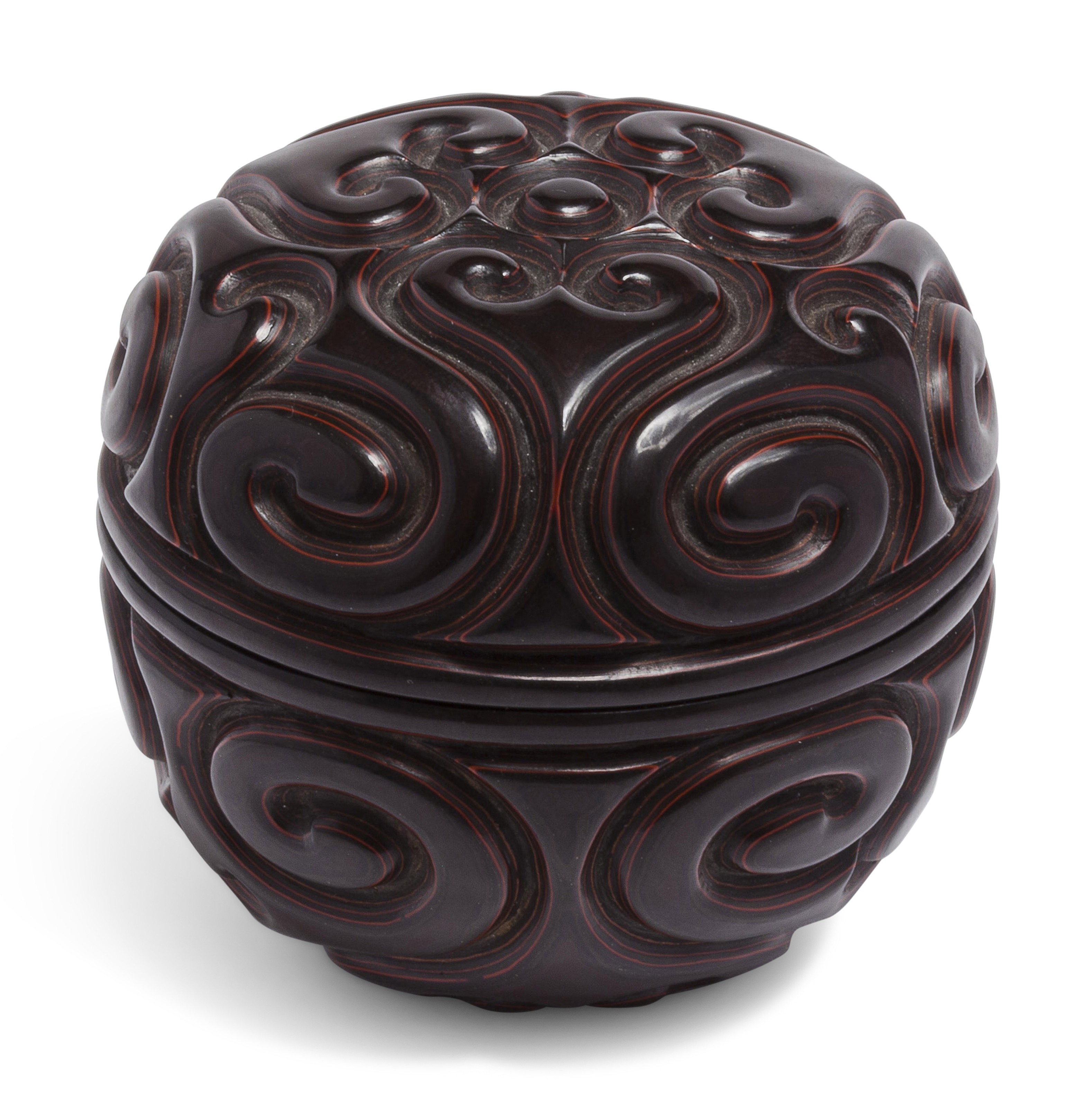 A SMALL BLACK TIXI LACQUER SPHERICAL BOX AND COVER, LATE MING DYNASTY ...