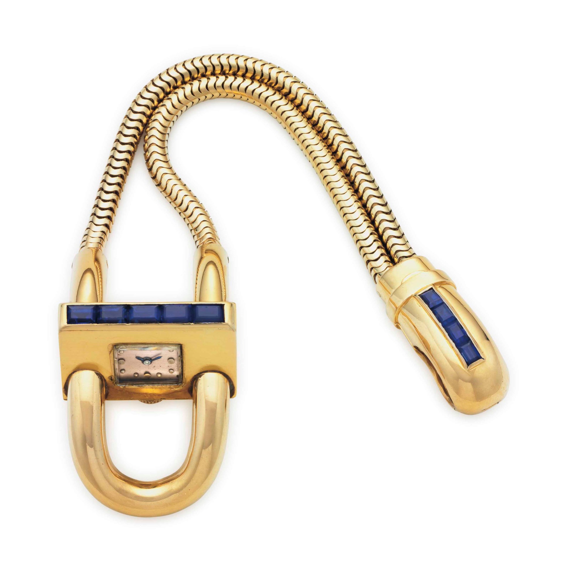 A RETRO SAPPHIRE AND GOLD 'CADENAS' BRACELET WATCH, BY VAN CLEEF ...