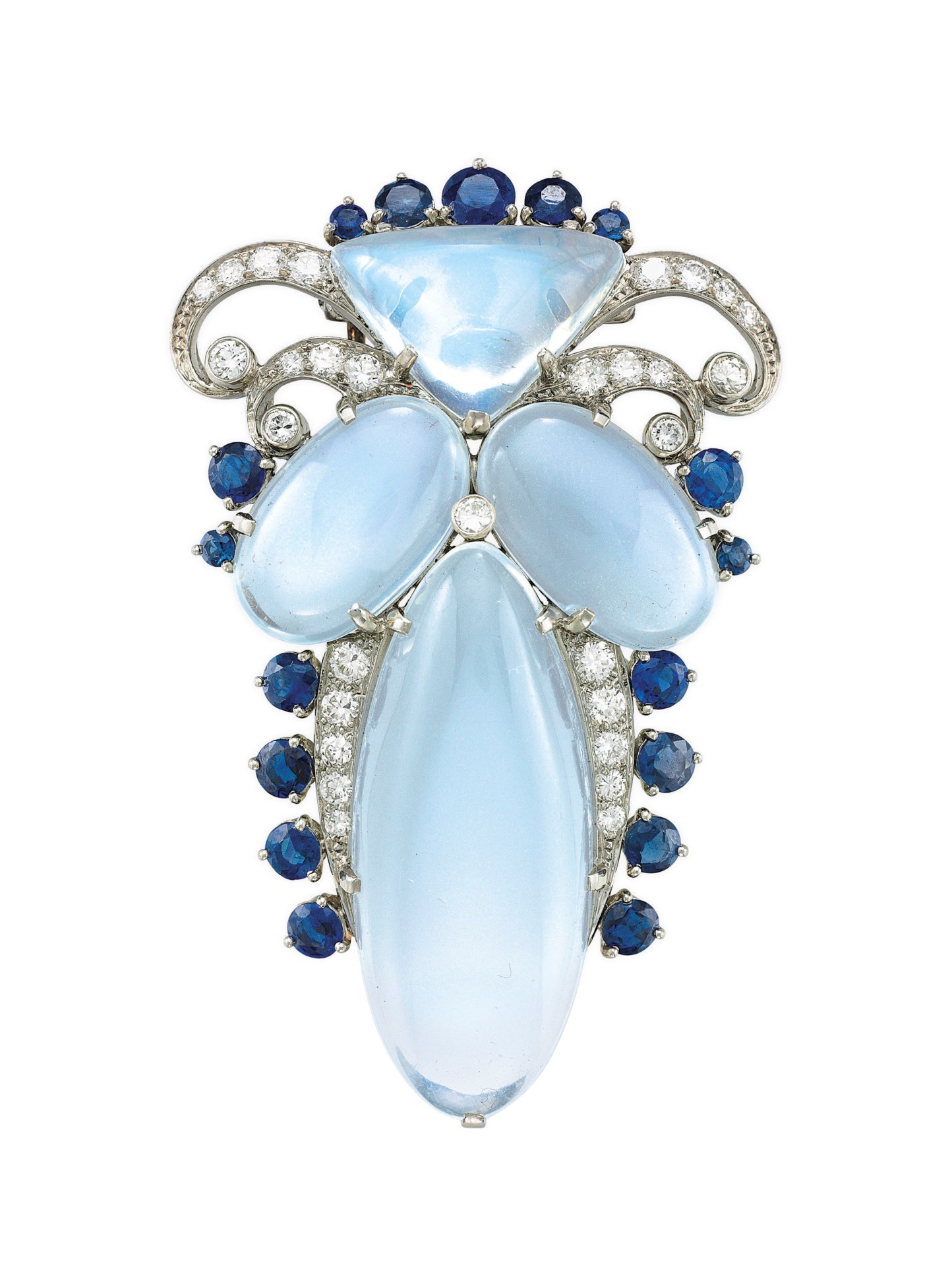 RETRO MOONSTONE, SAPPHIRE AND DIAMOND BROOCH, TIFFANY & CO. | Christie's