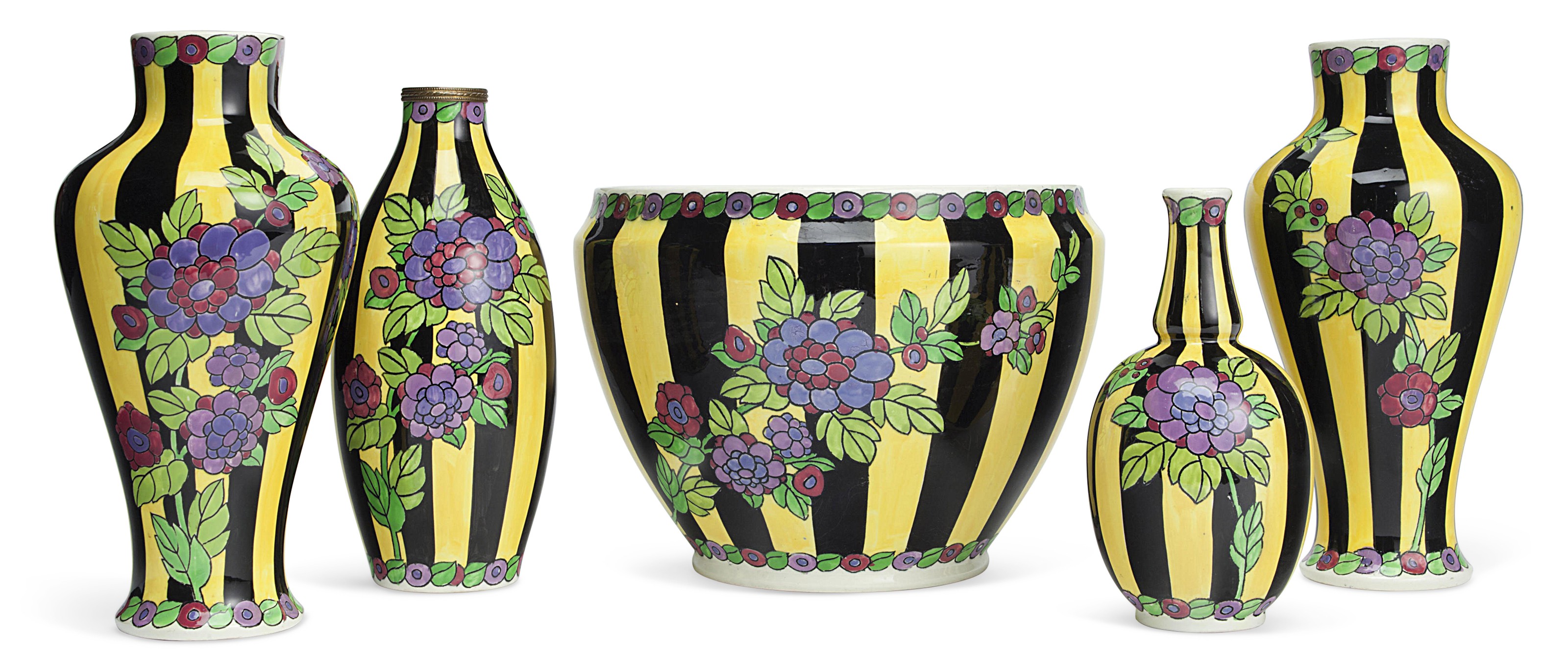 BOCH FRERES KERAMIS, FOUR VASES AND A JARDINIERE, FIRST HALF 20TH ...