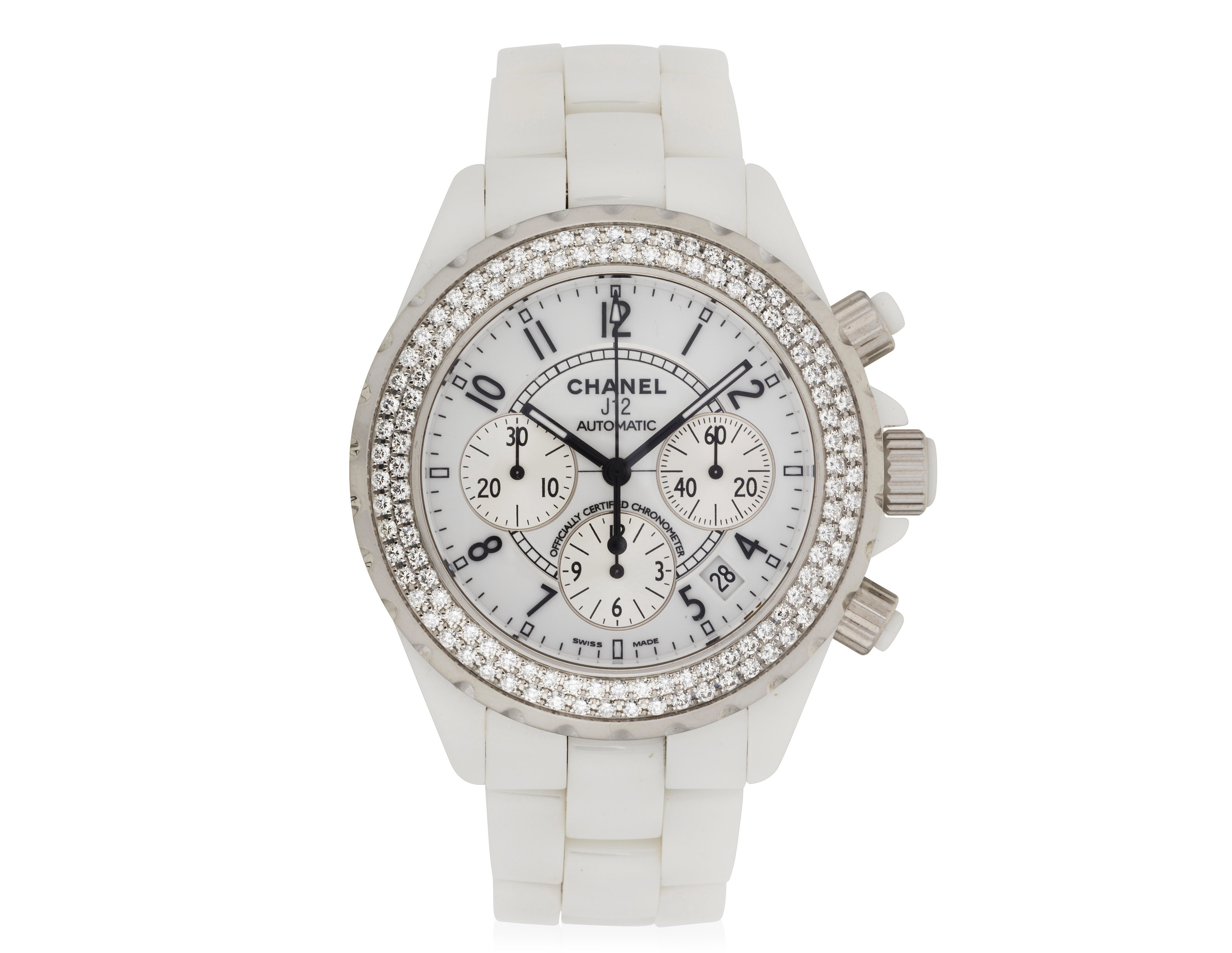 CHANEL 'J12' CHRONOGRAPH DIAMOND SET WHITE CERAMIC WATCH, | Christie’s