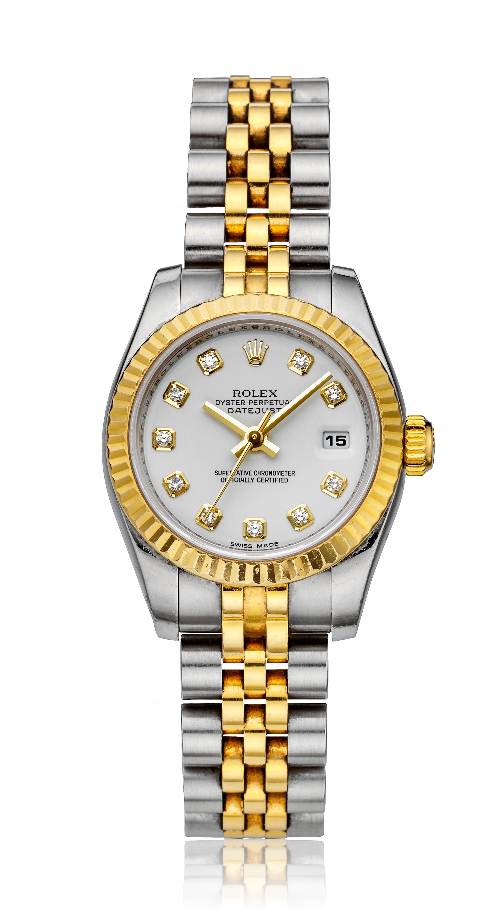 ROLEX, LADIES' TWO-TONE DATEJUST WITH DIAMOND INDICES, REF. 179173 ...