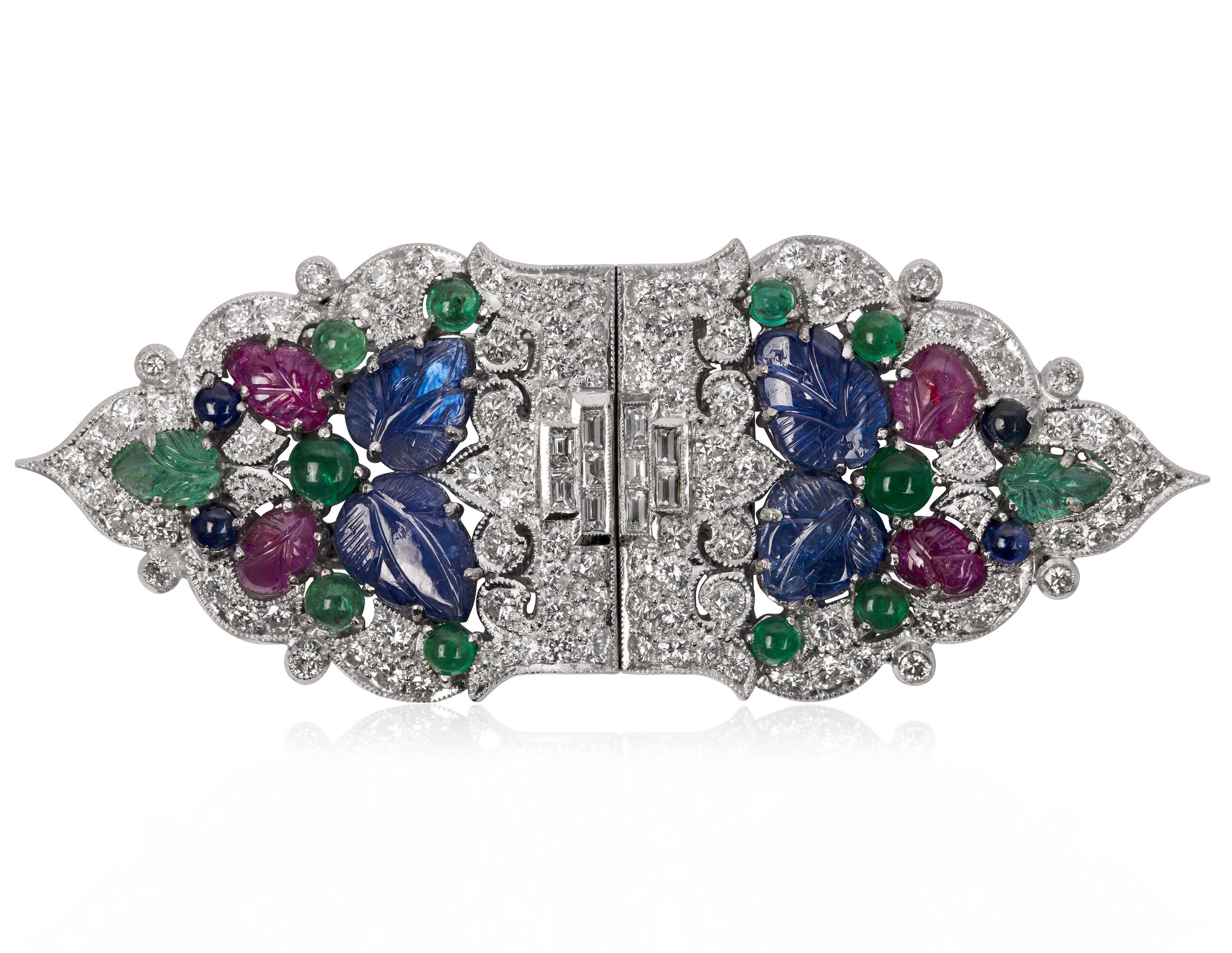 DIAMOND AND MULTI-GEM DOUBLE CLIP BROOCH, | Christie’s