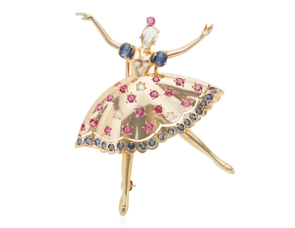 JOHN RUBEL DIAMOND, RUBY AND SAPPHIRE BALLERINA BROOCH, | Christie’s