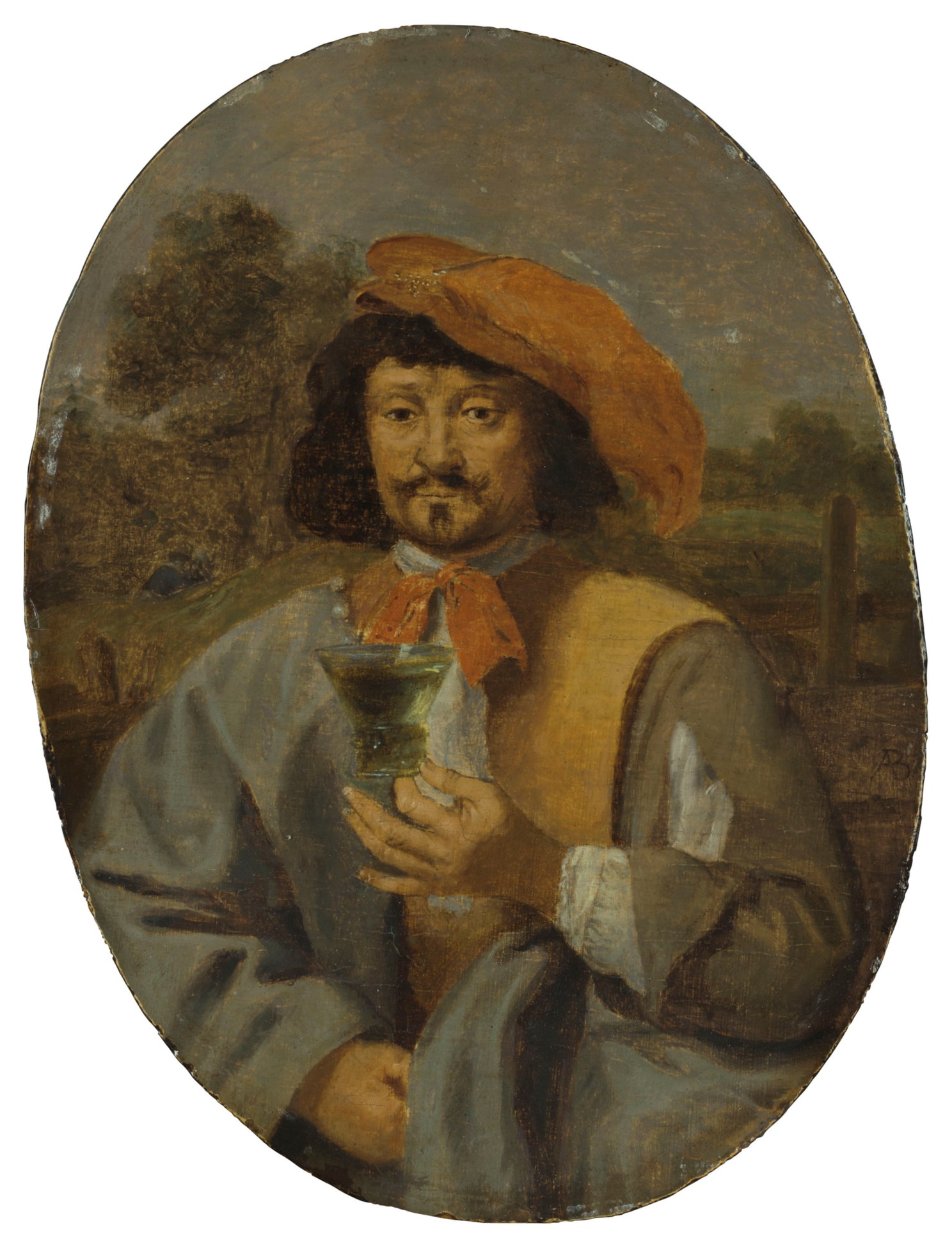 Follower of Adriaen Brouwer, A man in a red hat holding a roemer, a ...