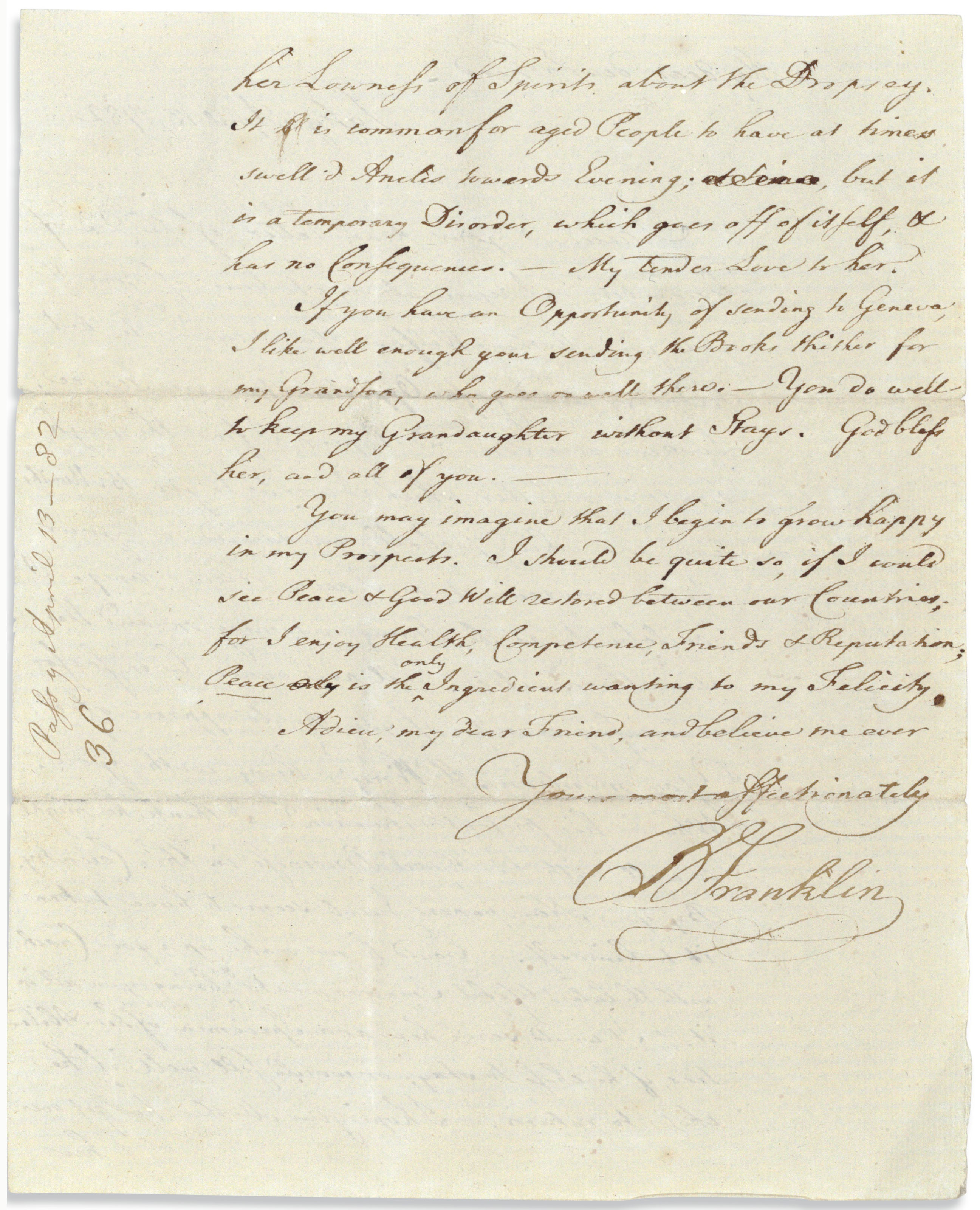 FRANKLIN, Benjamin (1706-1790). Autograph letter signed (“B. Franklin ...