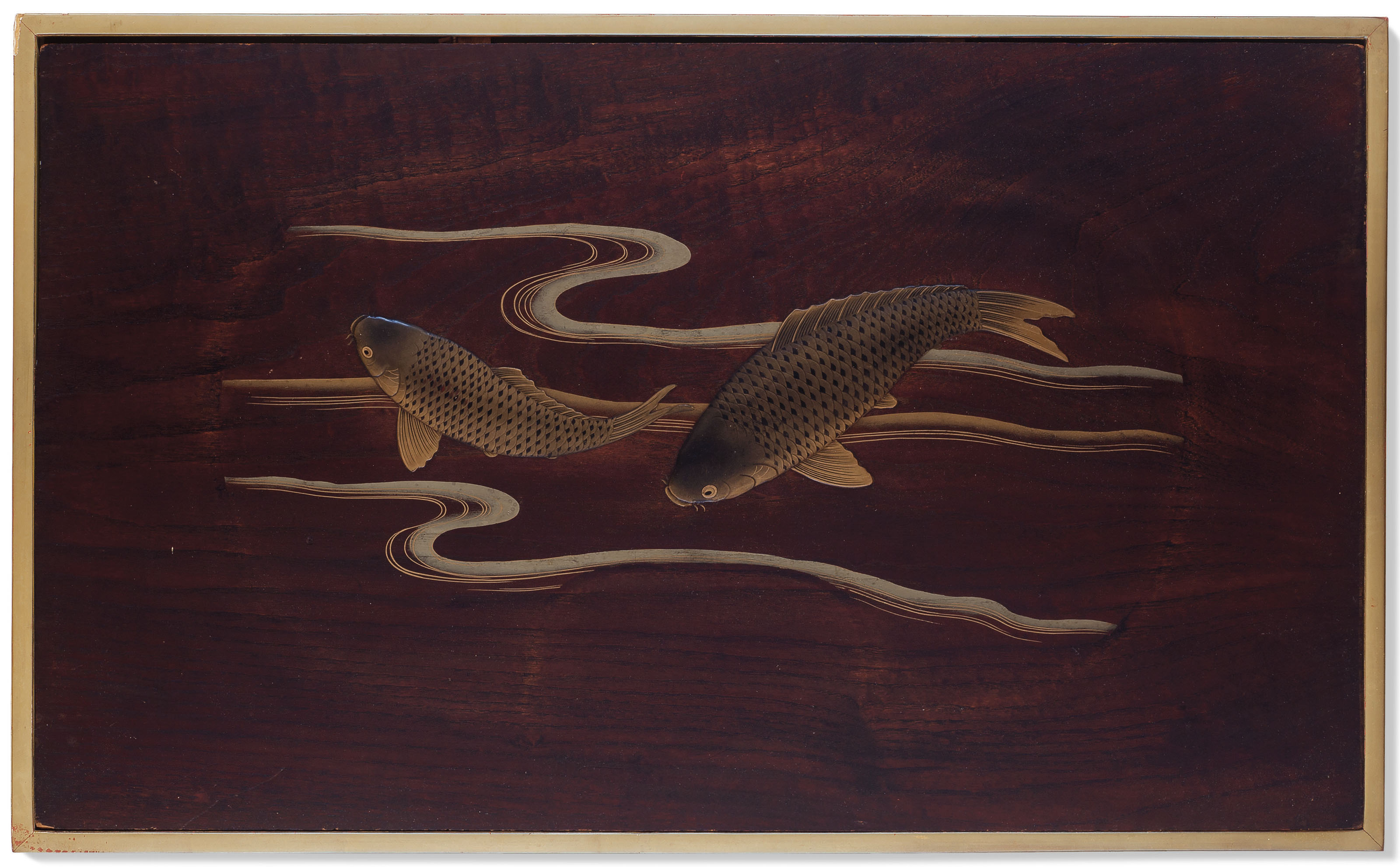 A PAIR OF JAPANESE GILT-LACQUERED WOOD PANELS DEPICTING KOI , LATE EDO ...