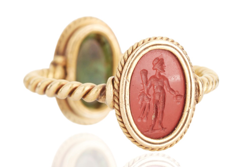 TWO ROMAN RINGSTONES SET INTO A MODERN FINGER RING, CIRCA 2ND CENTURY A ...