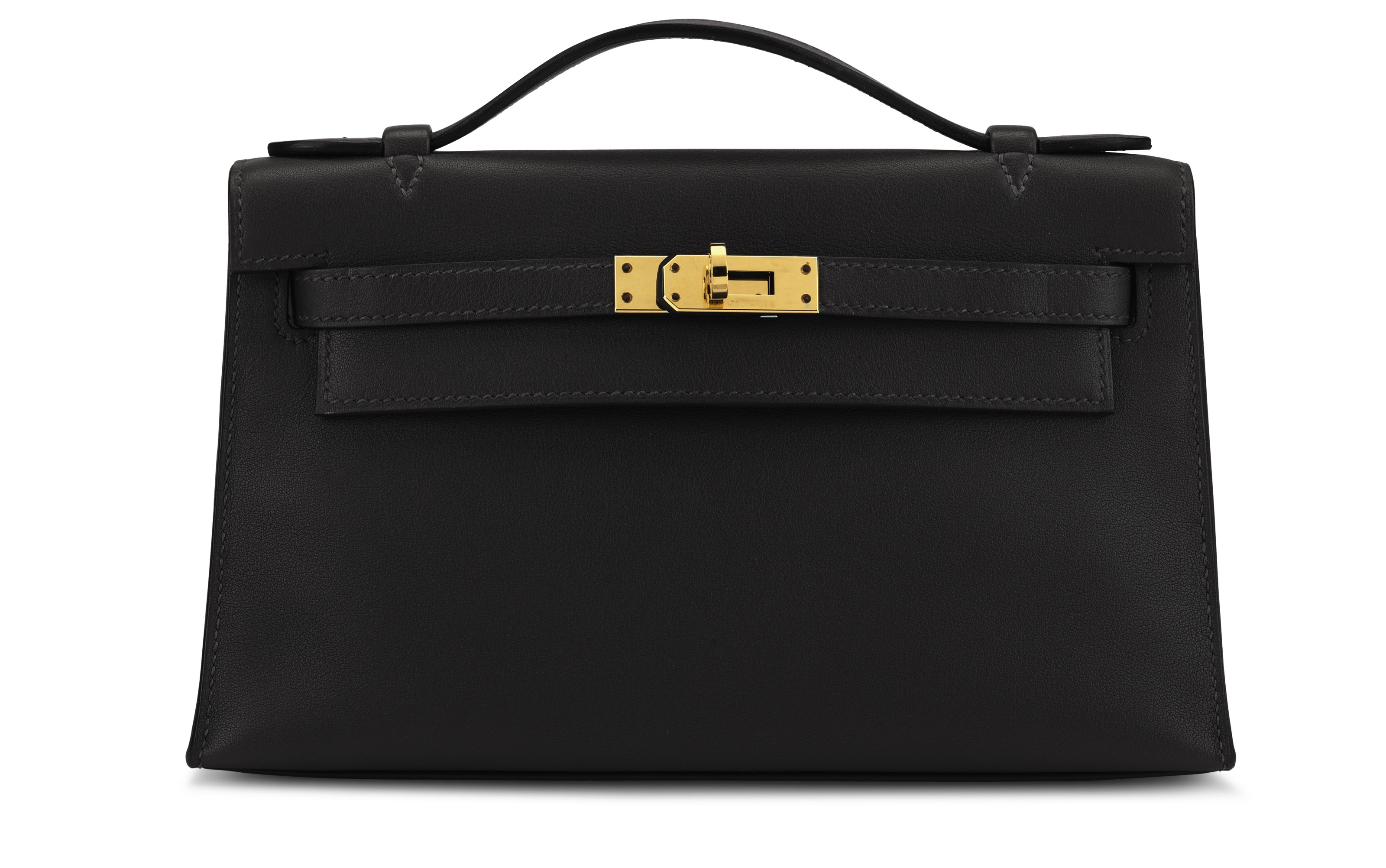 A GRAPHITE SWIFT LEATHER KELLY POCHETTE WITH GOLD HARDWARE, HERMÈS ...