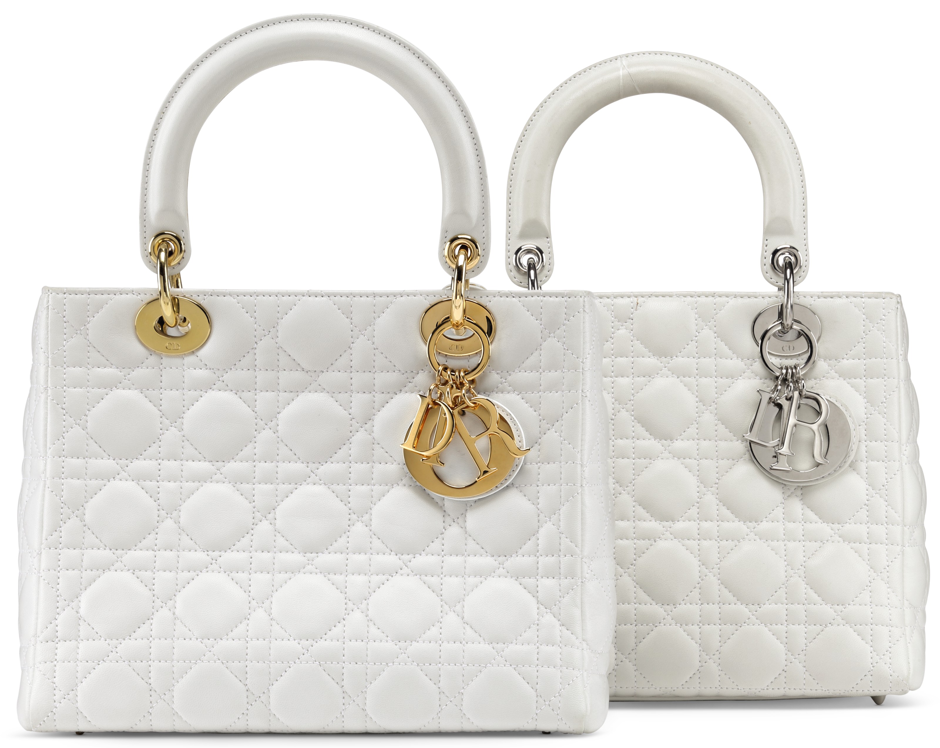 A SET OF TWO:A WHITE LAMBSKIN LEATHER MEDIUM LADY DIOR WITH GOLD ...