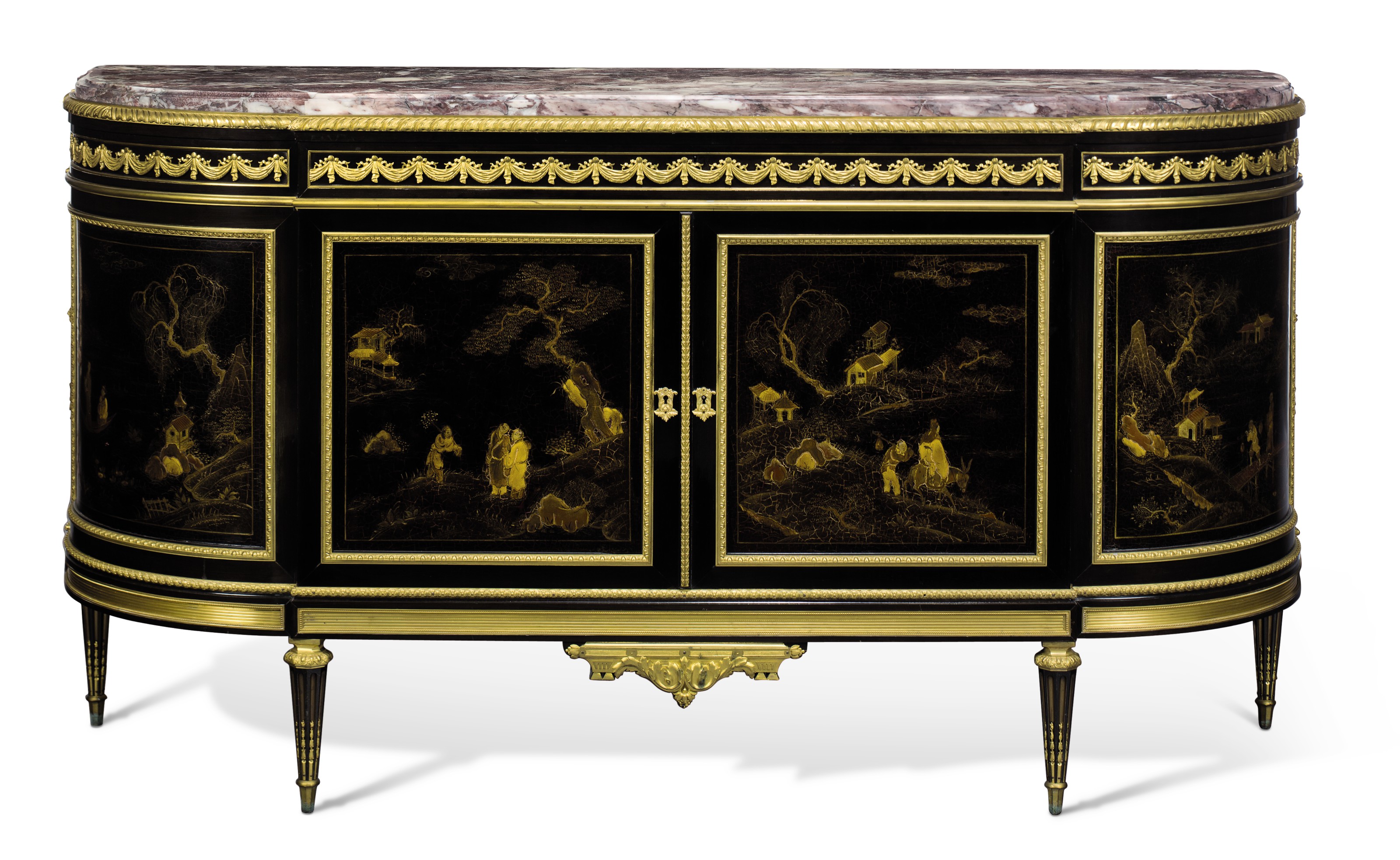 A FRENCH ORMOLU-MOUNTED EBONY, EBONIZED, AND GILT-DECORATED LACQUER COMMODE