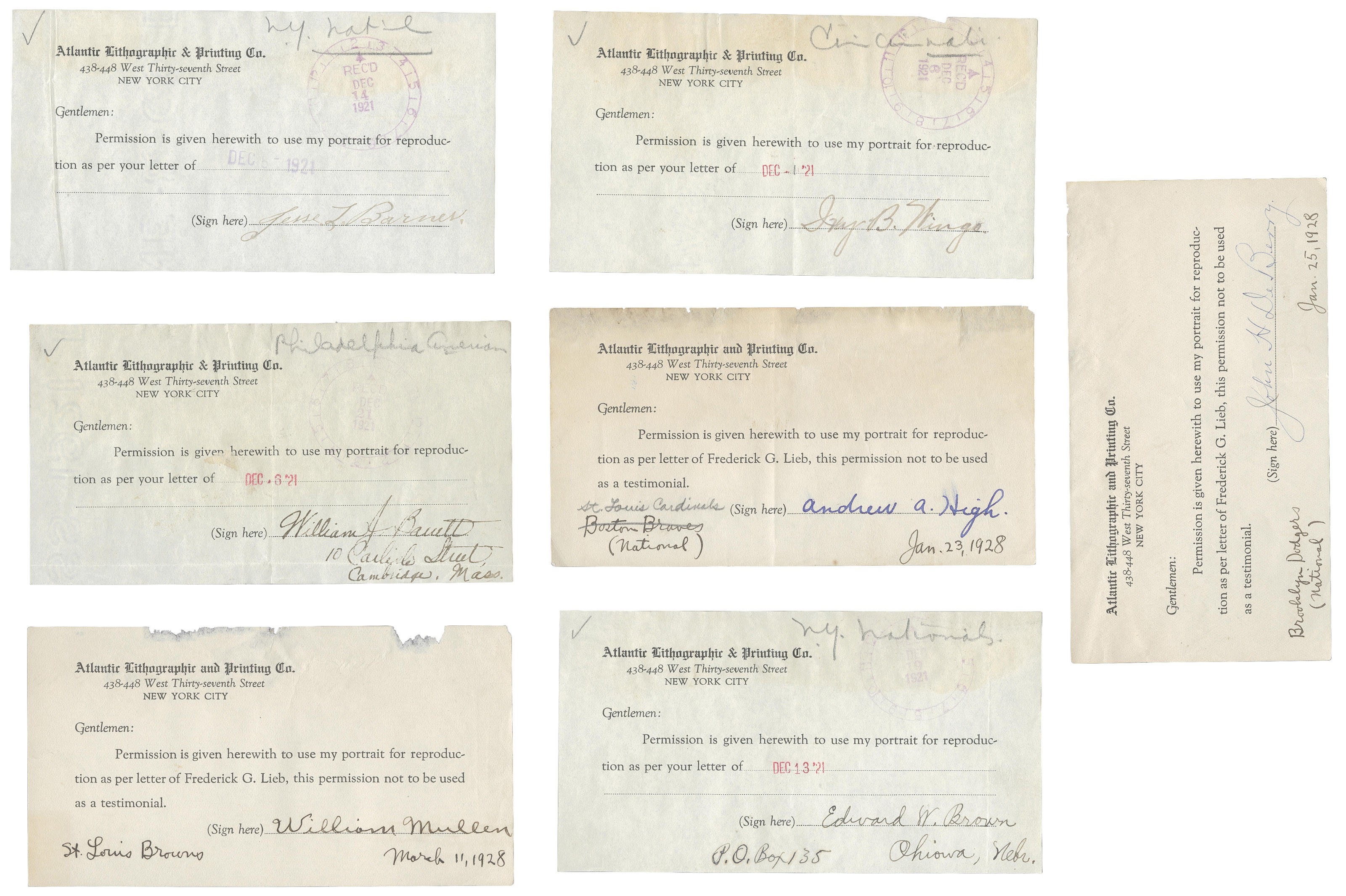 1920s BASEBALL CARD RELEASE FORMS, | Christie’s