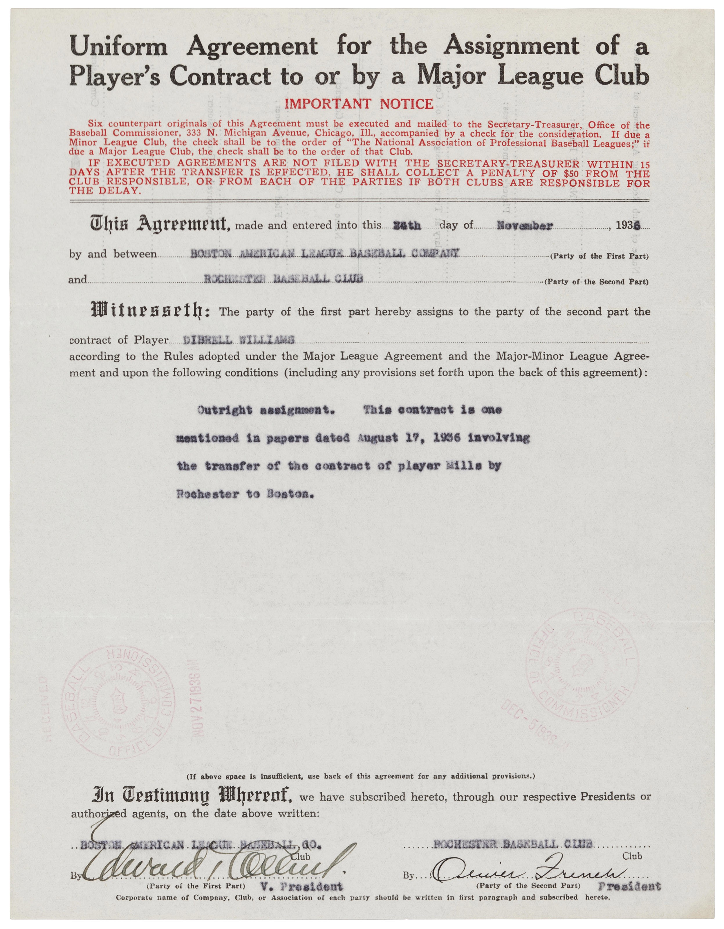 EDDIE COLLINS SIGNED PLAYER ASSIGNMENTS, | Christie’s