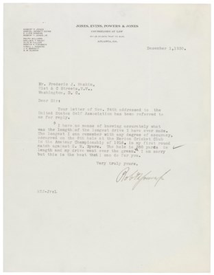 BOBBY JONES TYPEWRITTEN LETTER, | Christie’s