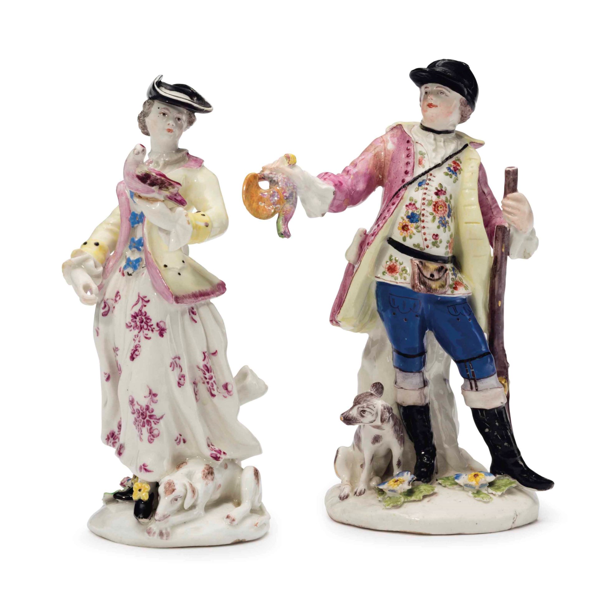 A PAIR OF BOW PORCELAIN FIGURES OF A SPORTSMAN AND COMPANION, CIRCA ...