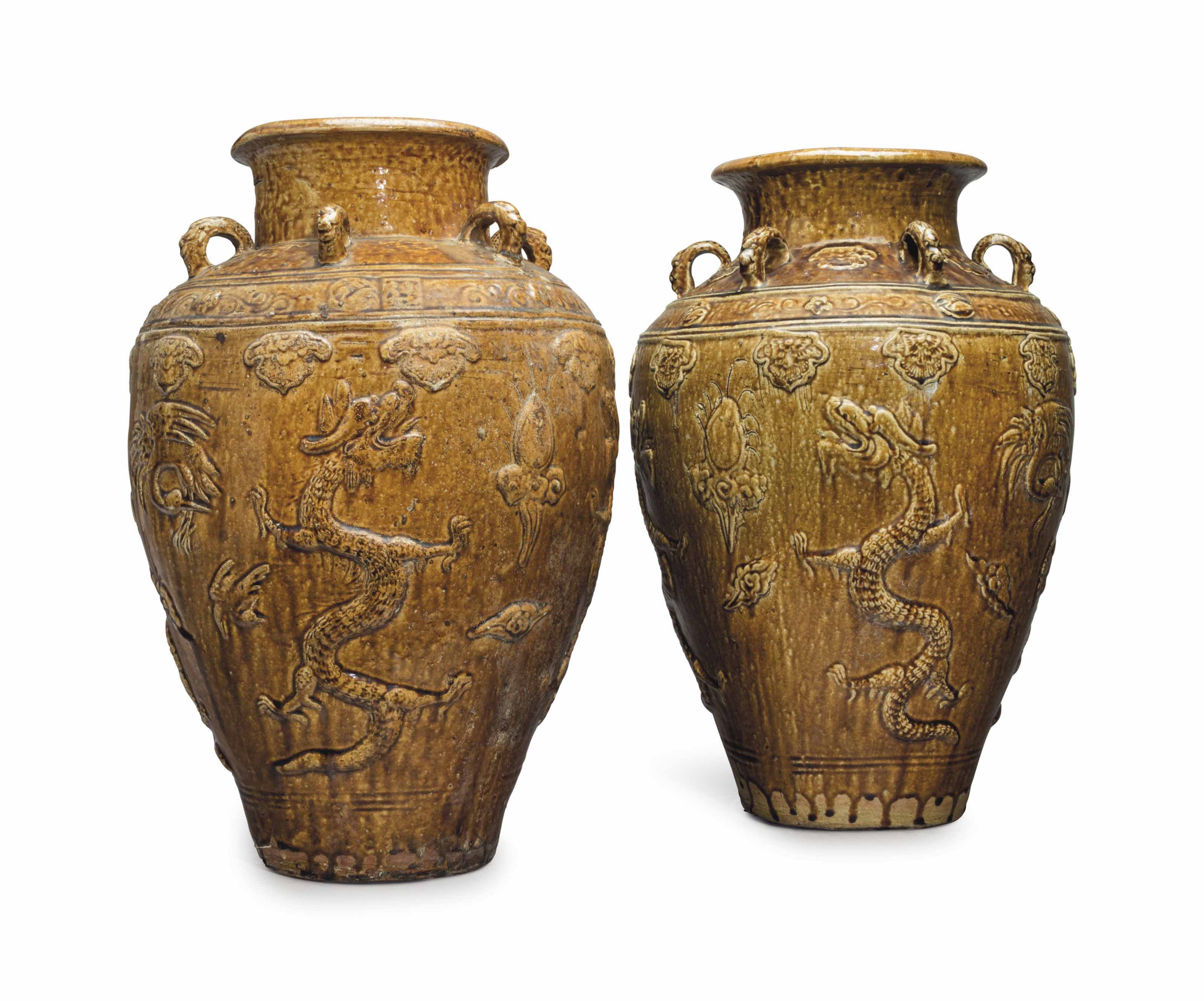 TWO LARGE BROWN-GLAZED MARTABAN STORAGE JARS
