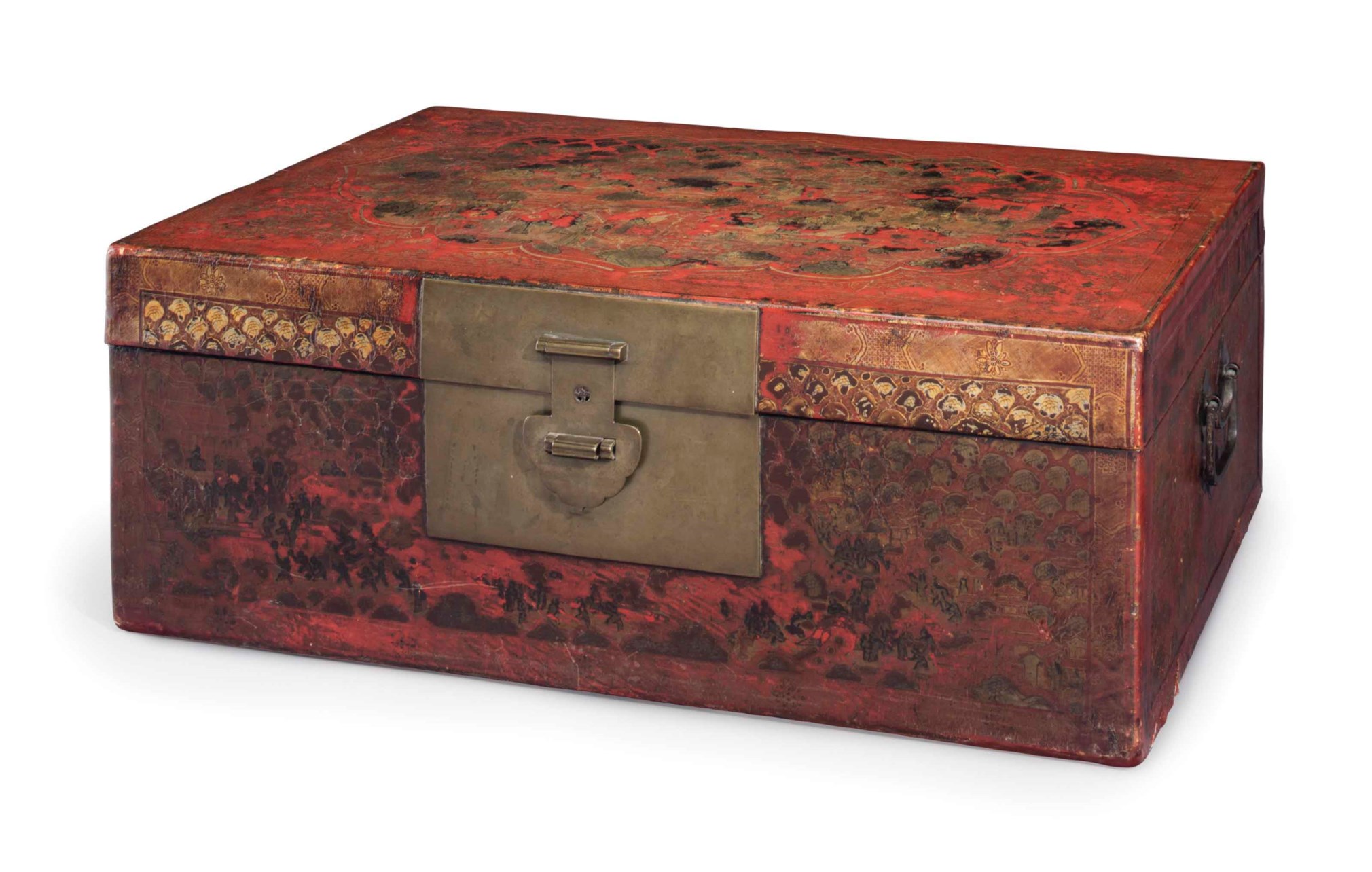 A GILT-DECORATED RED LACQUERED LEATHER-WRAPPED WOOD CHEST, CHINA, QING ...