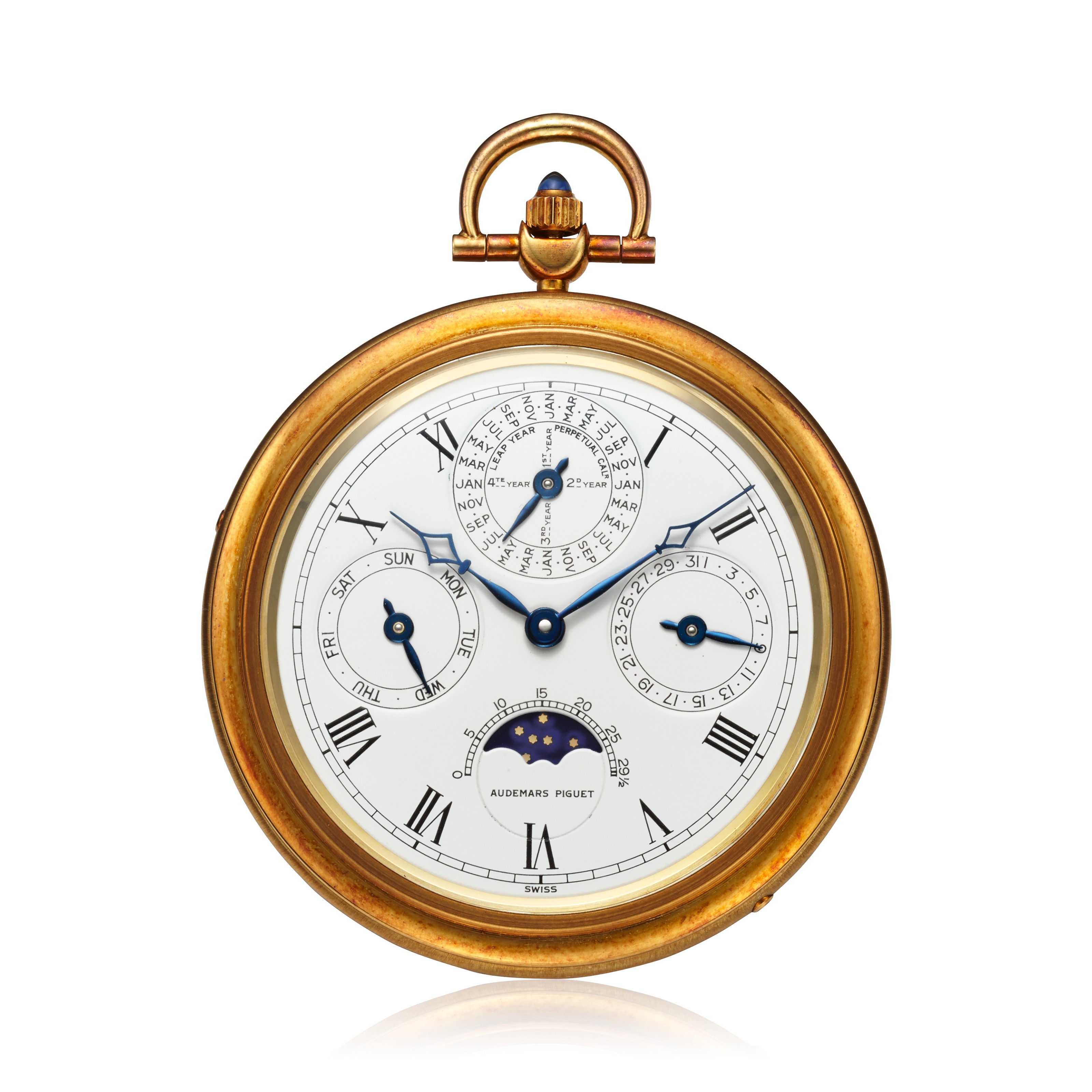 AUDEMARS PIGUET, 18K OPEN-FACE PERPETUAL CALENDAR MOON PHASE POCKET ...