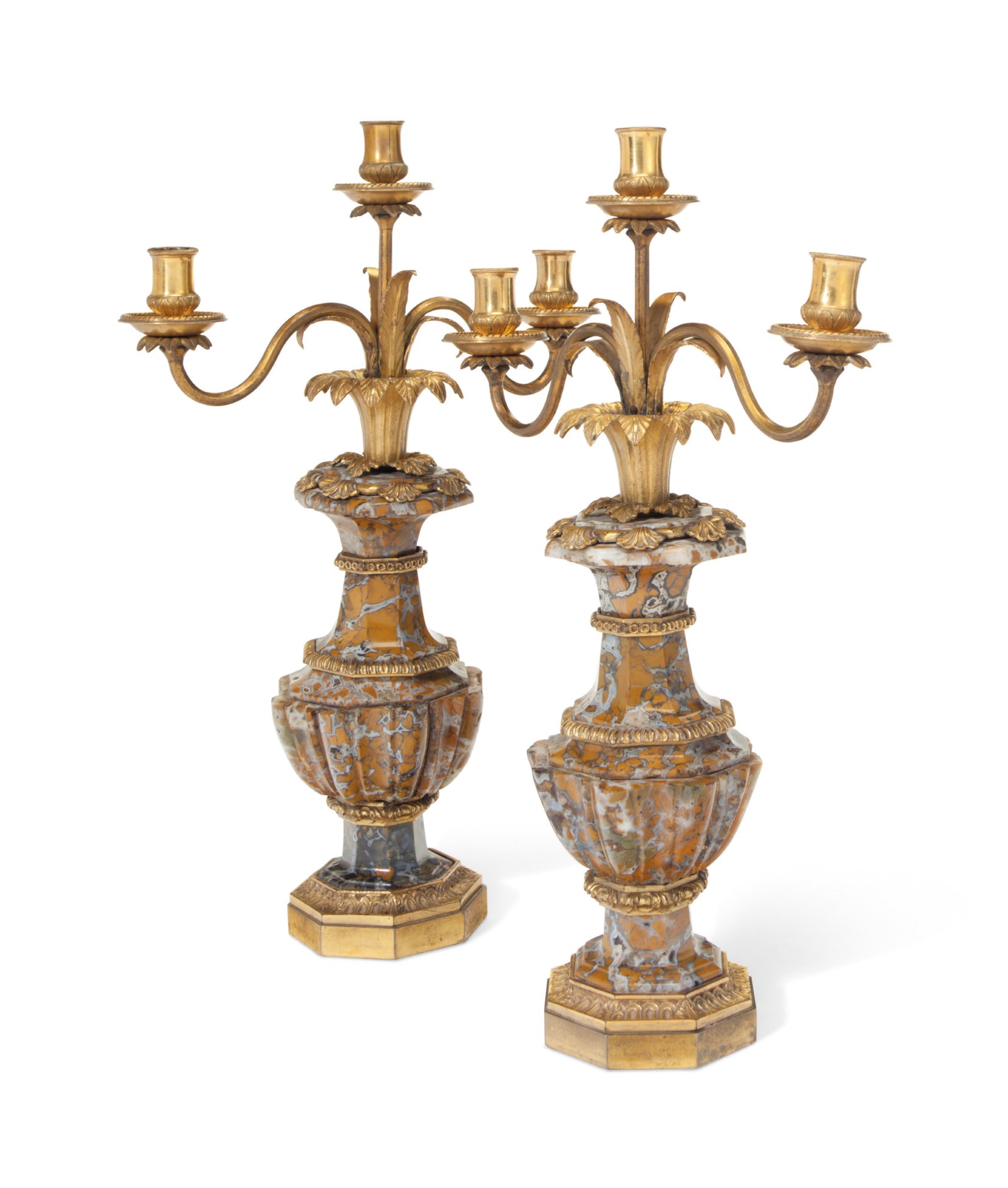A PAIR OF ITALIAN ORMOLU-MOUNTED YELLOW JASPER THREE-BRANCH CANDELABRA ...