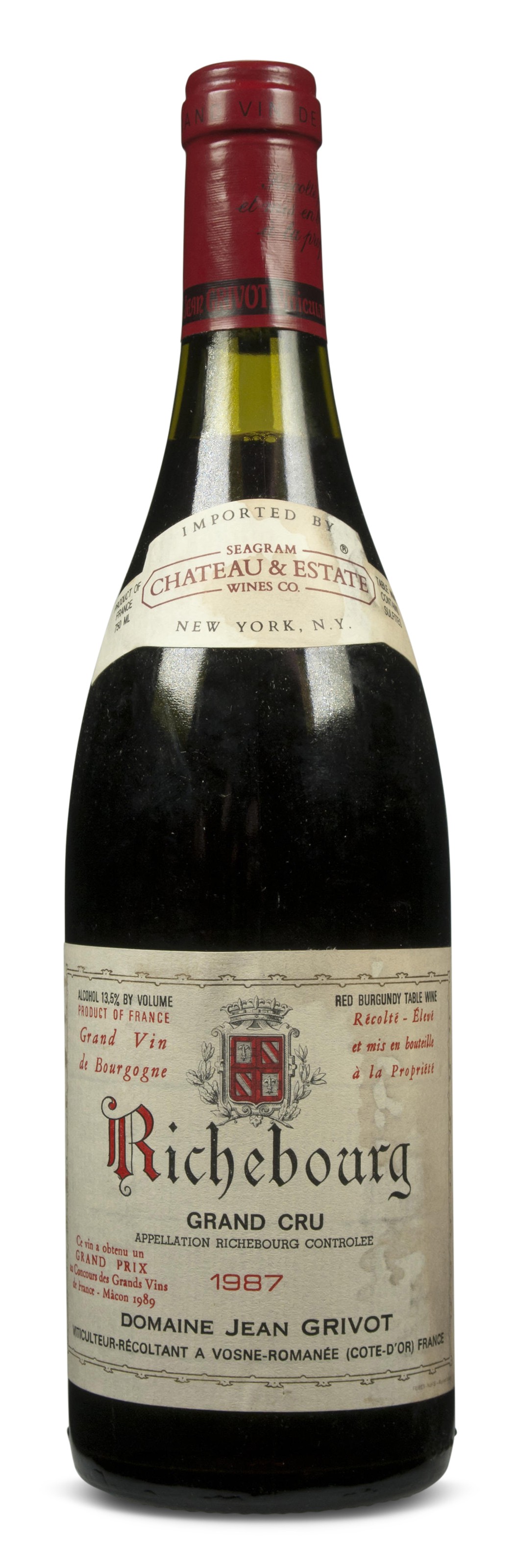 Grivot, Richebourg 1987, One nicked neck tag, damp-stained labels ...