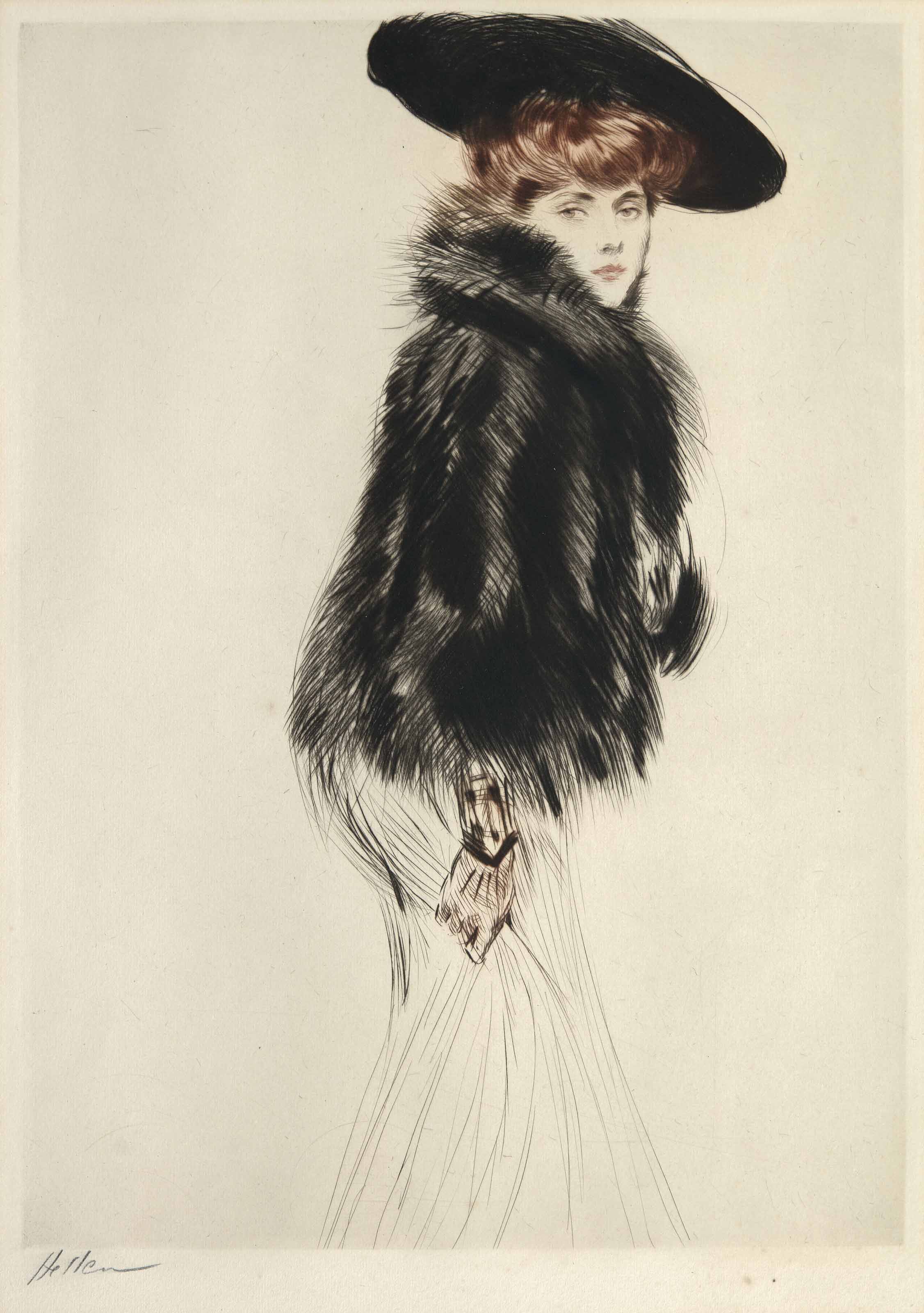 Paul Cesar Helleu (1859-1927) , Madame Helleu à la pèlerine de fourrure ...