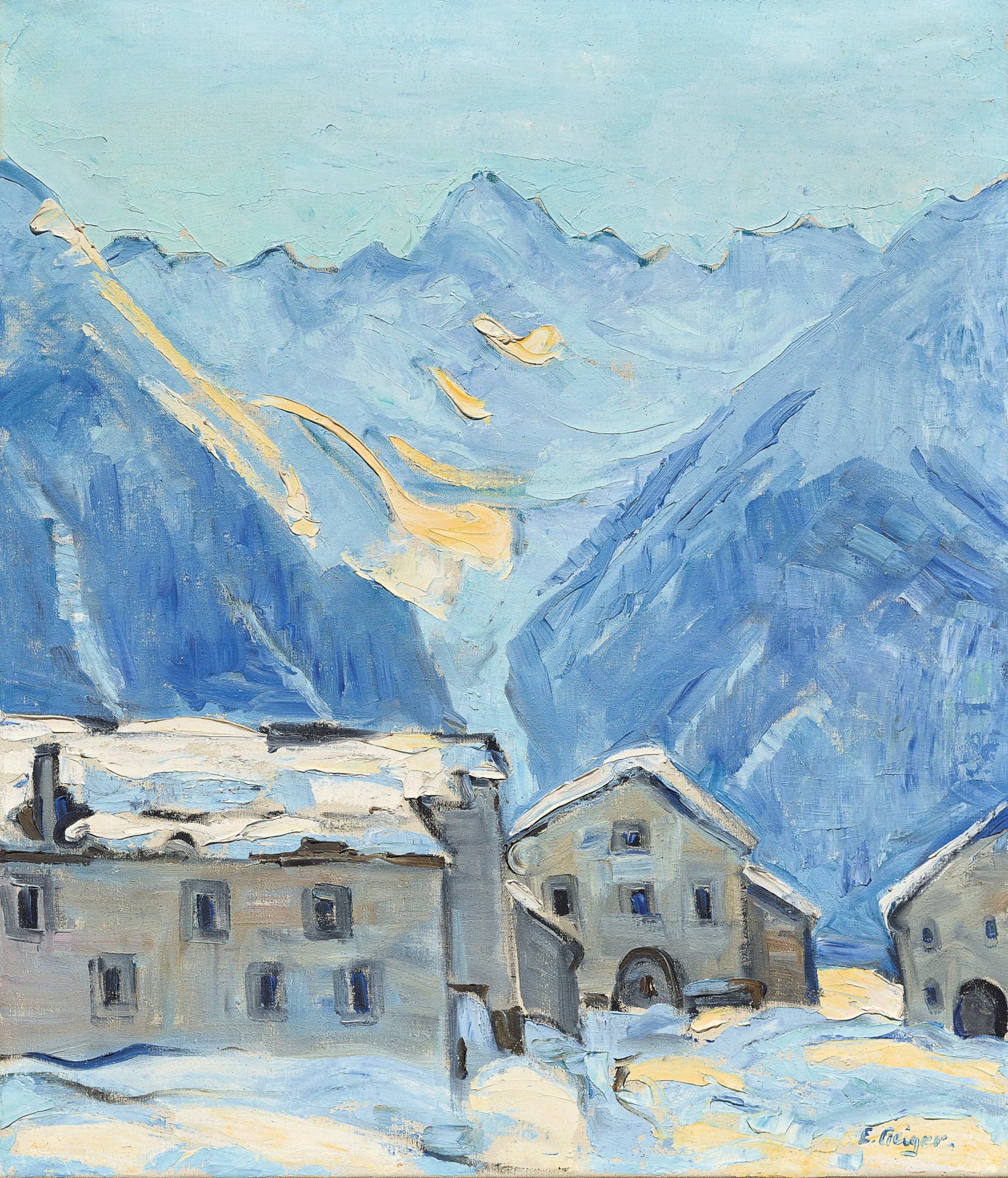 ERNST SAMUEL GEIGER (1876-1965) , Val Nuna, um 1914 (Dorfplatz von Bos ...