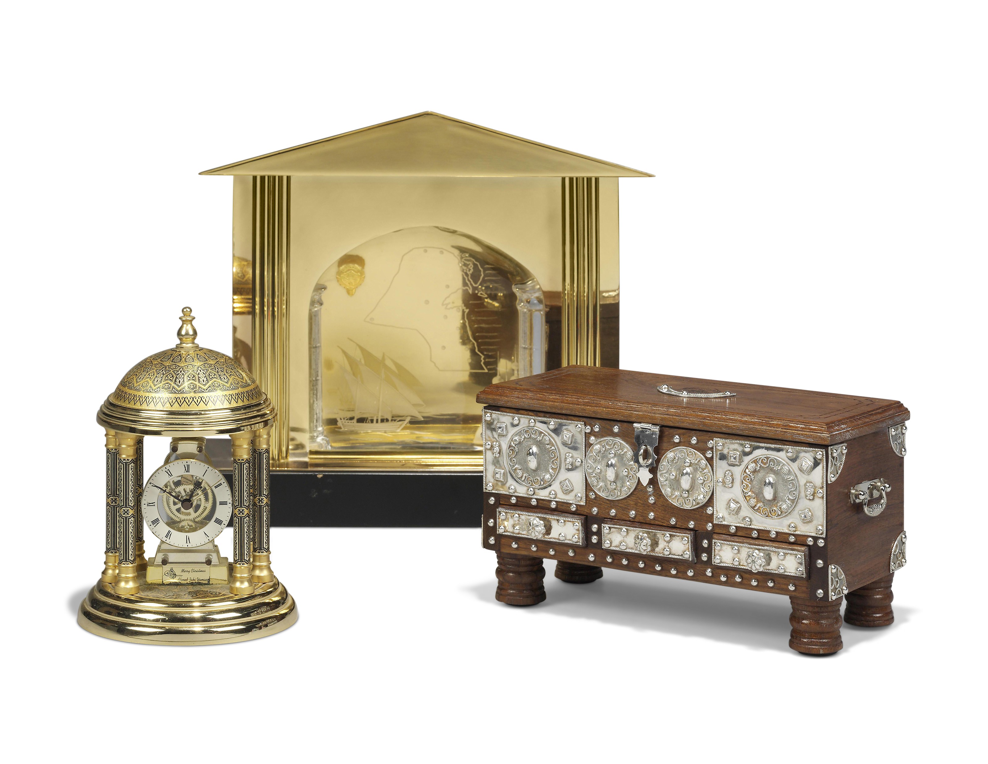 KUWAIT: A KUWAITI WHITE METAL MOUNTED TEAK MINIATURE CHEST AND A ...