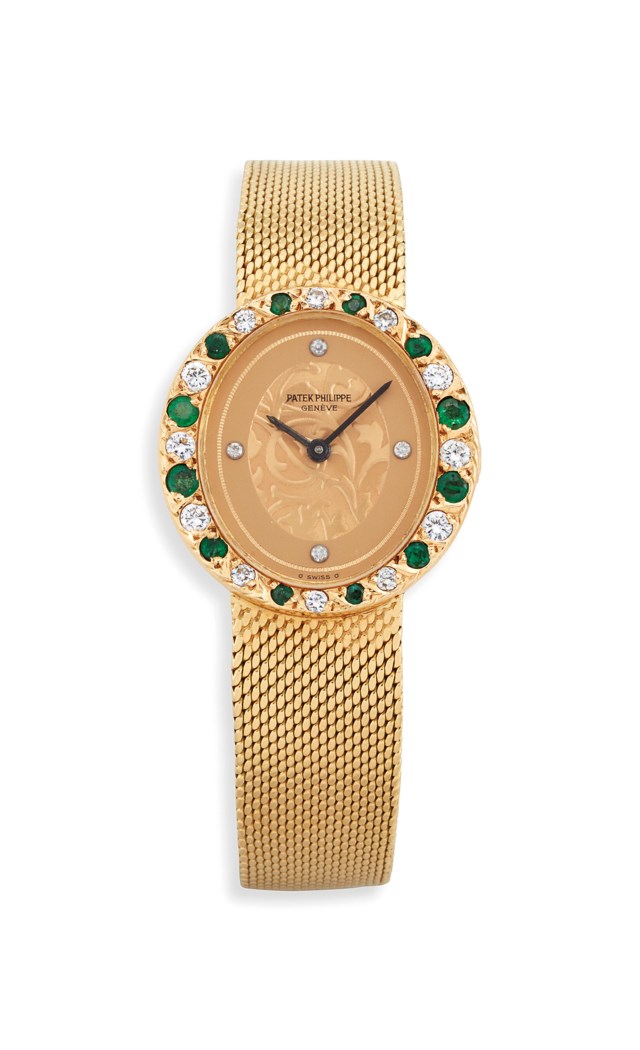 GOLD, EMERALD AND DIAMOND WRISTWATCH, PATEK PHILIPPE | Christie's