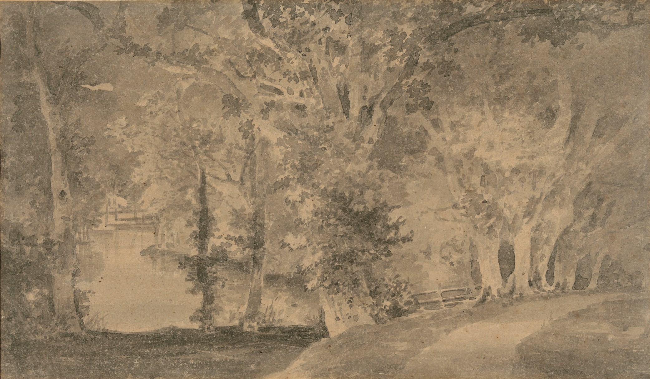 John Crome (Norwich 1768-1821), Wooded landscape with a path beside a ...