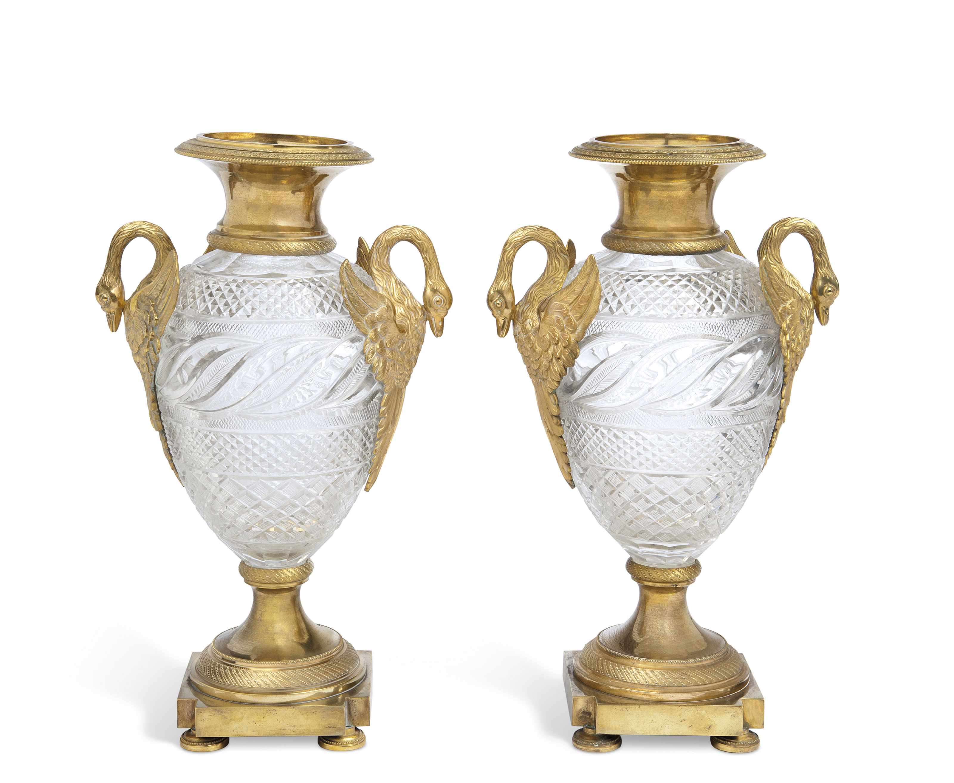 A PAIR OF RUSSIAN ORMOLU-MOUNTED CUT-GLASS VASES