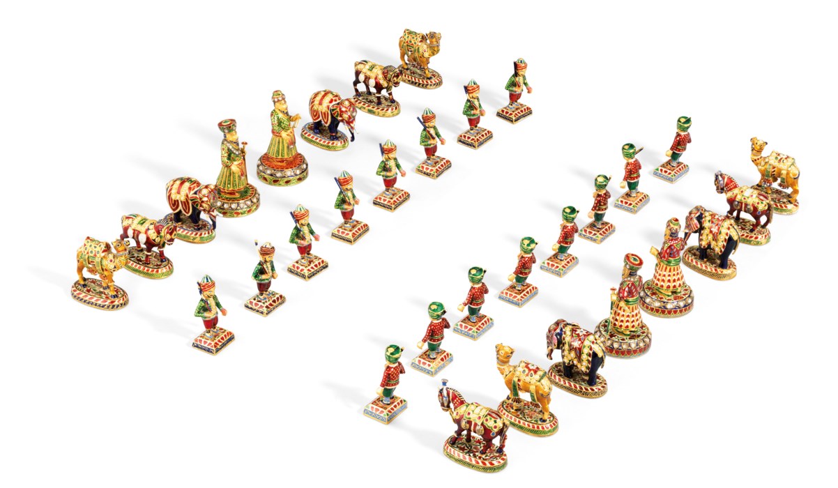 A GEM SET AND ENAMELLED CHESS SET, PROBABLY JAIPUR, NORTHERN INDIA ...