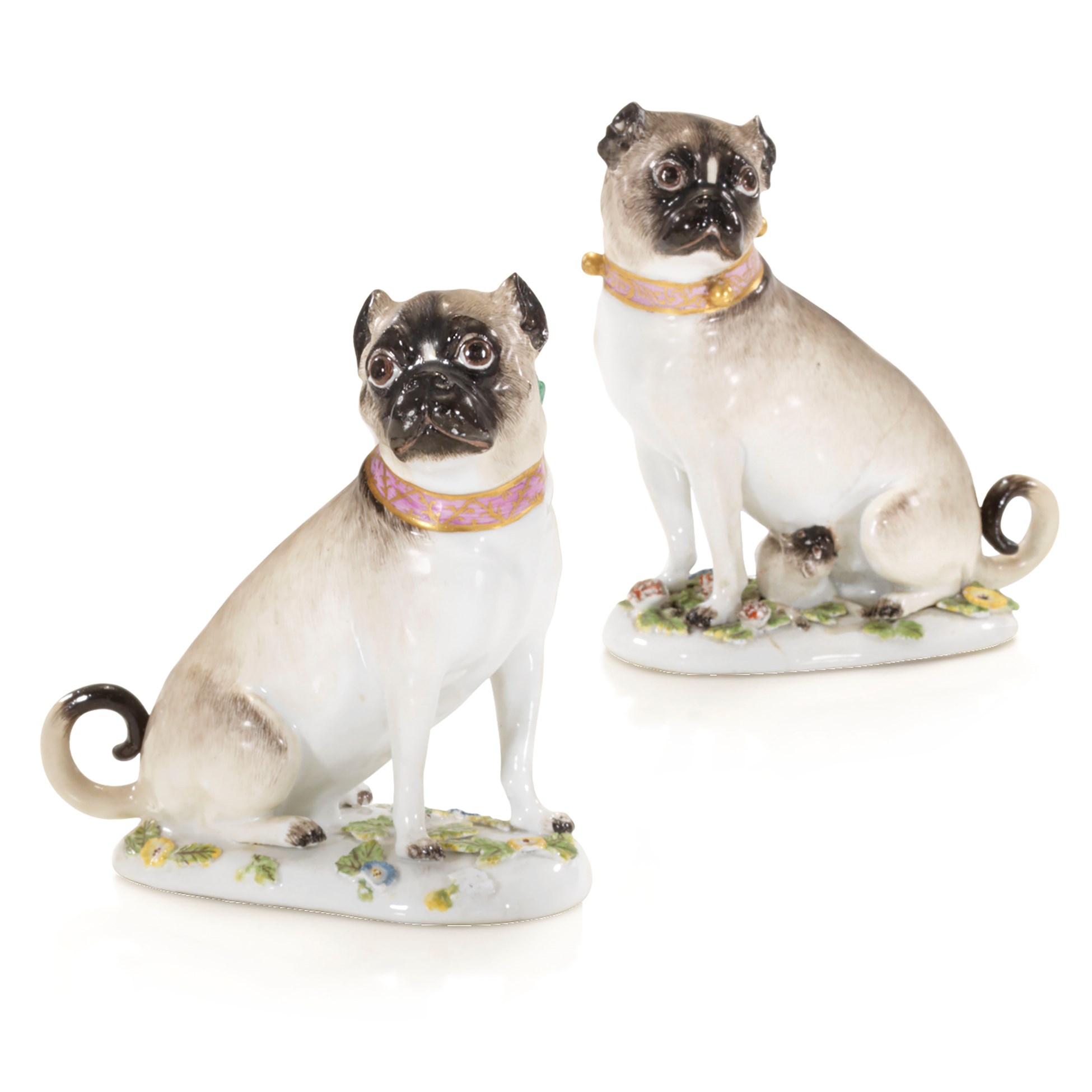 TWO MEISSEN PORCELAIN MODELS OF PUGS, CIRCA 1745, BLUE CROSSED SWORDS ...
