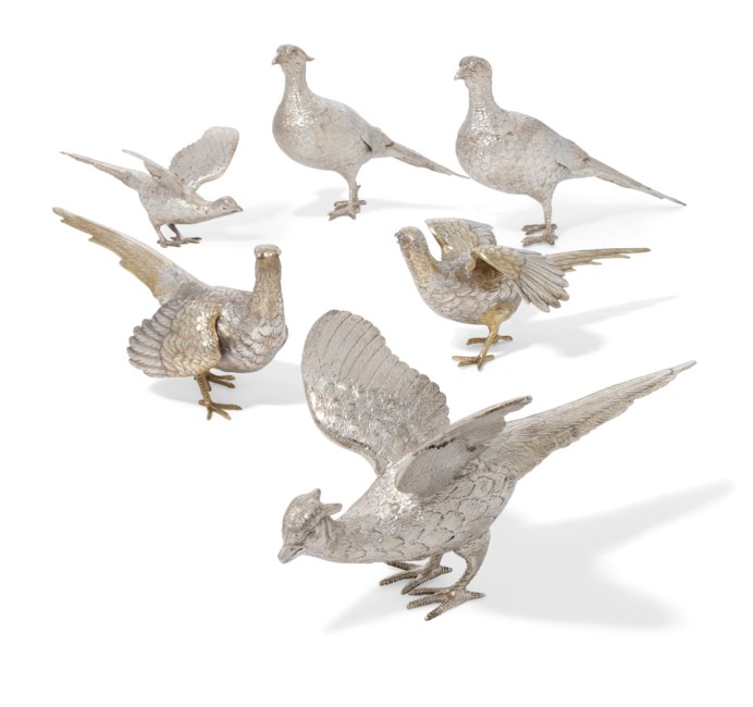 SIX SILVER AND PARCEL-GILT SILVER PHEASANTS, THE LARGEST WITH MARK OF ...