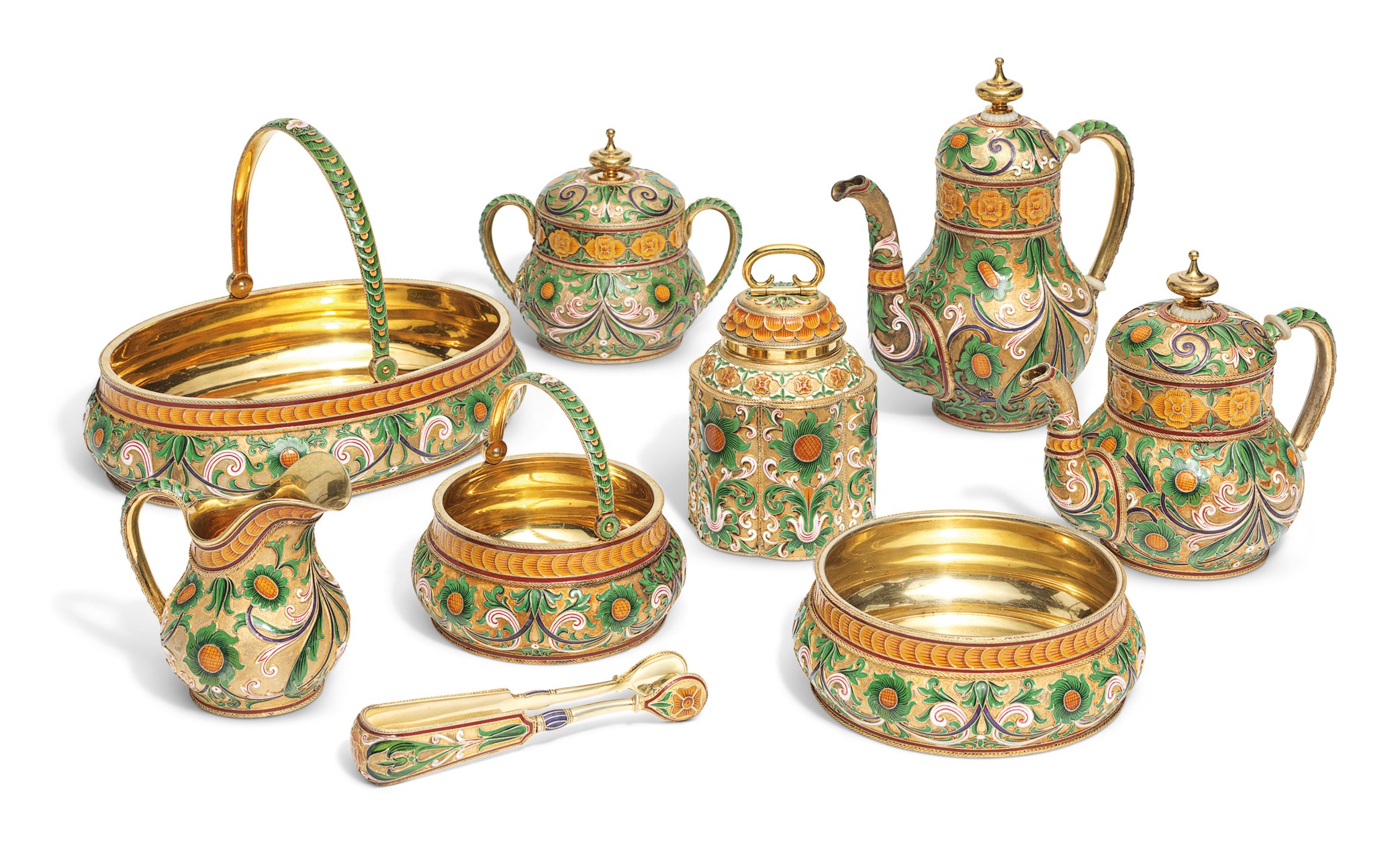 A SILVER-GILT AND CLOISONNÉ ENAMEL TEA AND COFFEE SERVICE, MARKED K ...