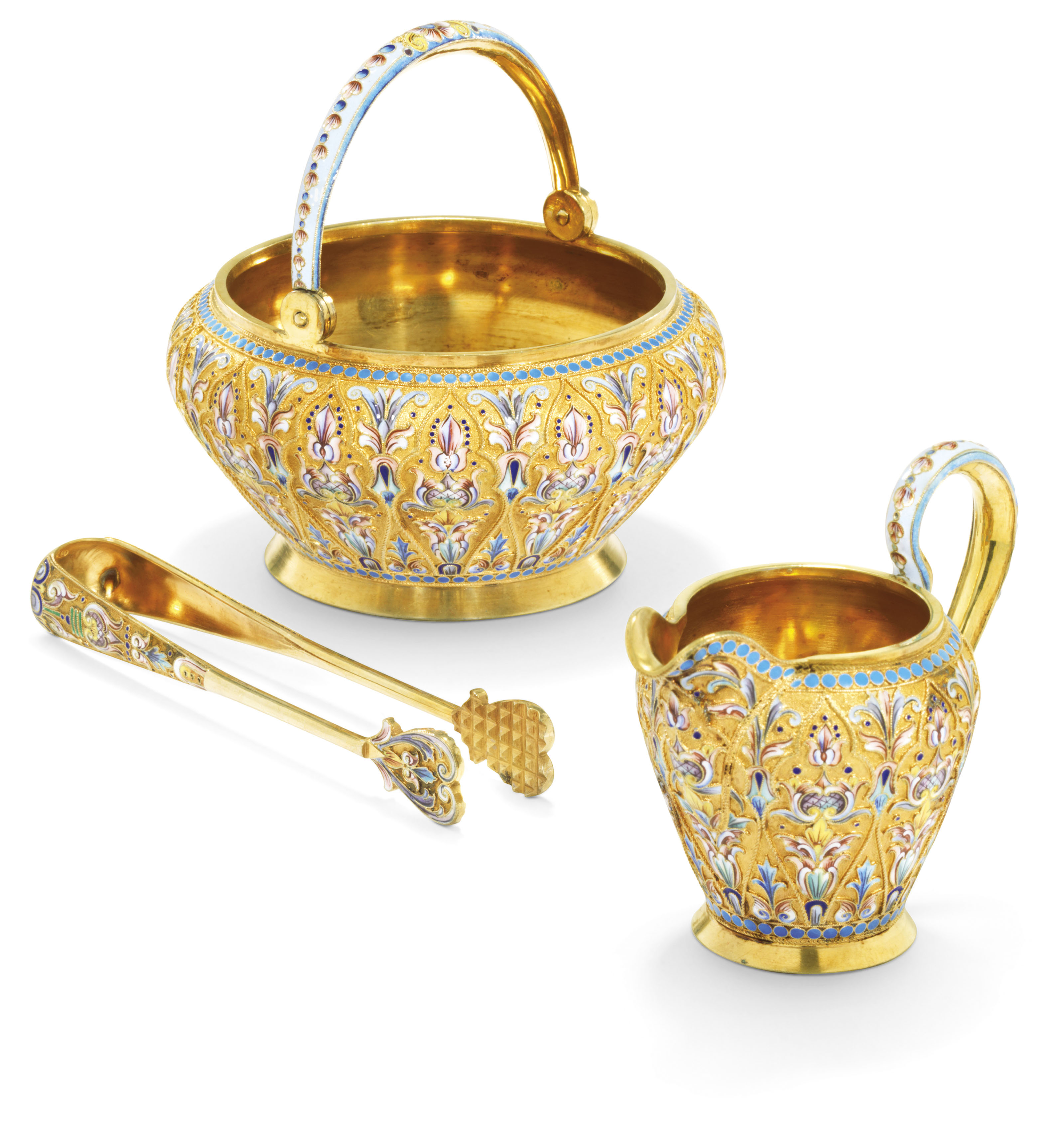 A SILVER-GILT AND CLOISONNÉ ENAMEL TEA AND COFFEE SERVICE, MARKED K ...