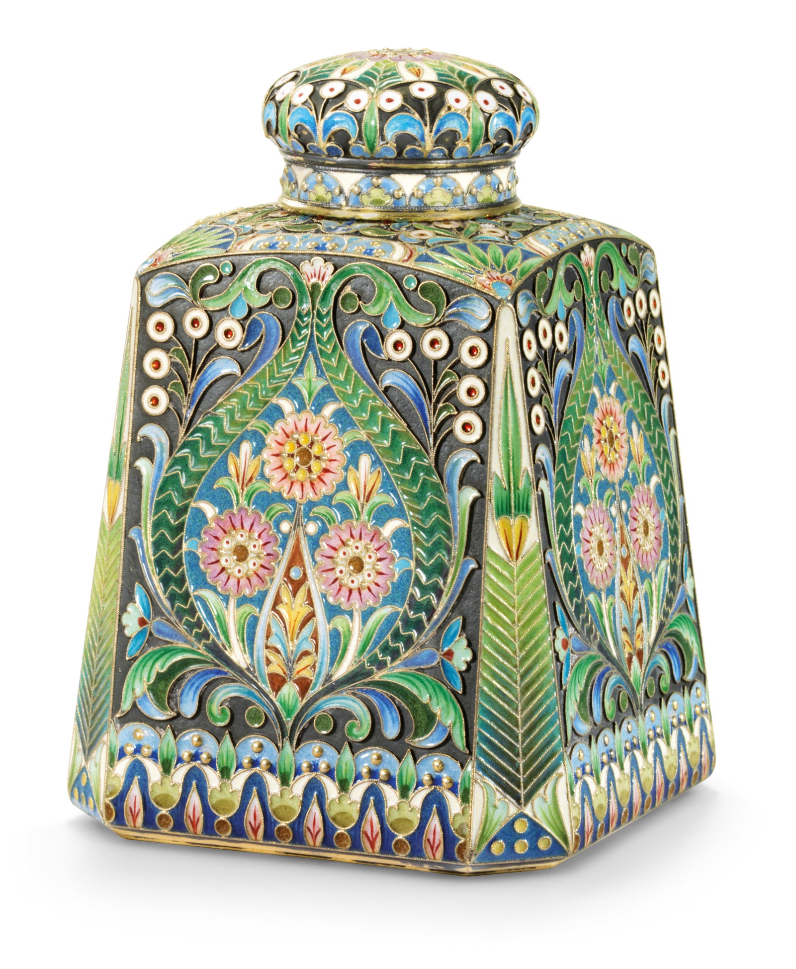 A SILVER-GILT AND CLOISONNÉ ENAMEL TEA CADDY, MARKED P. OVCHINNIKOV ...