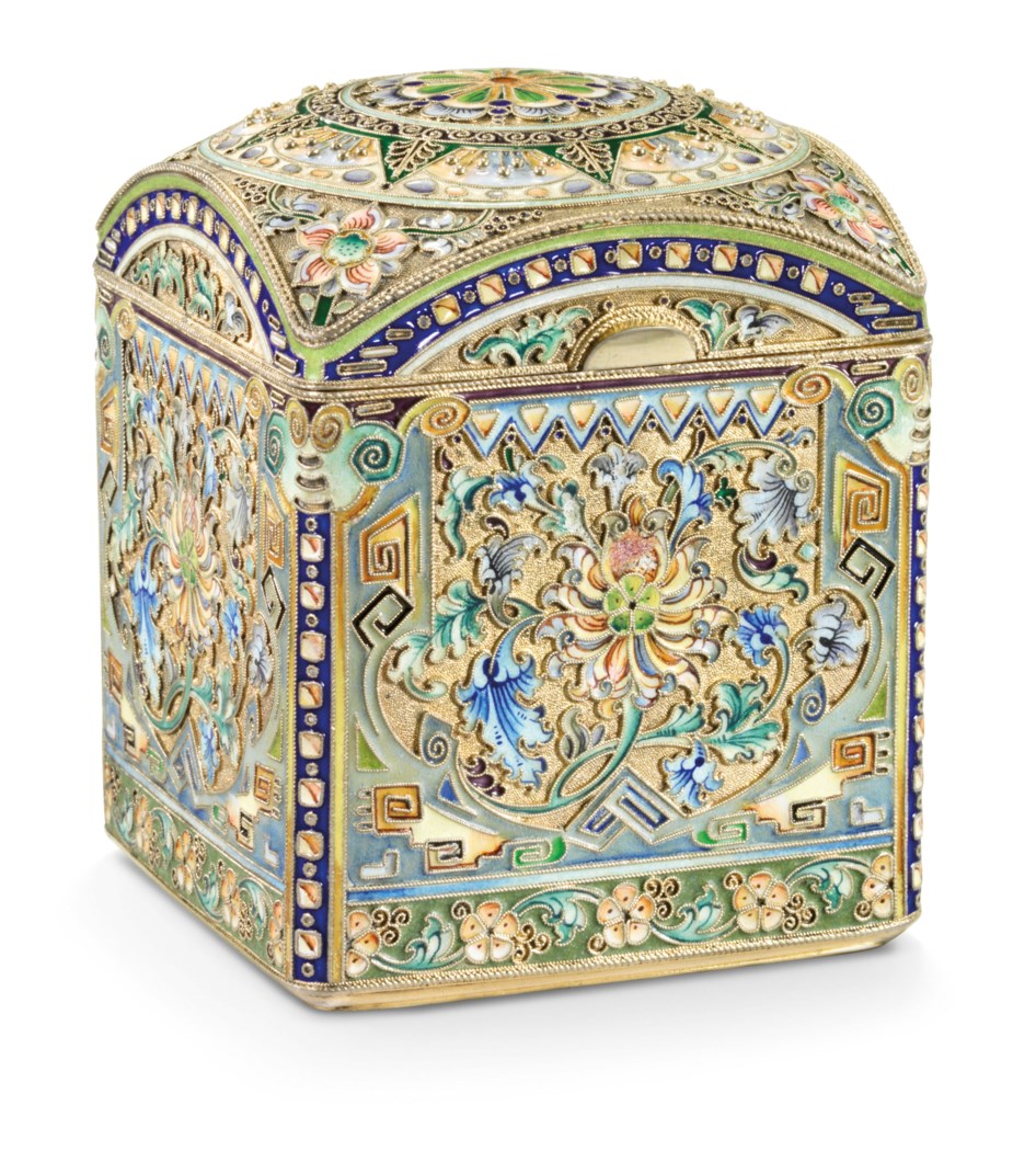 A SILVER-GILT AND CLOISONNÉ ENAMEL TEA CADDY