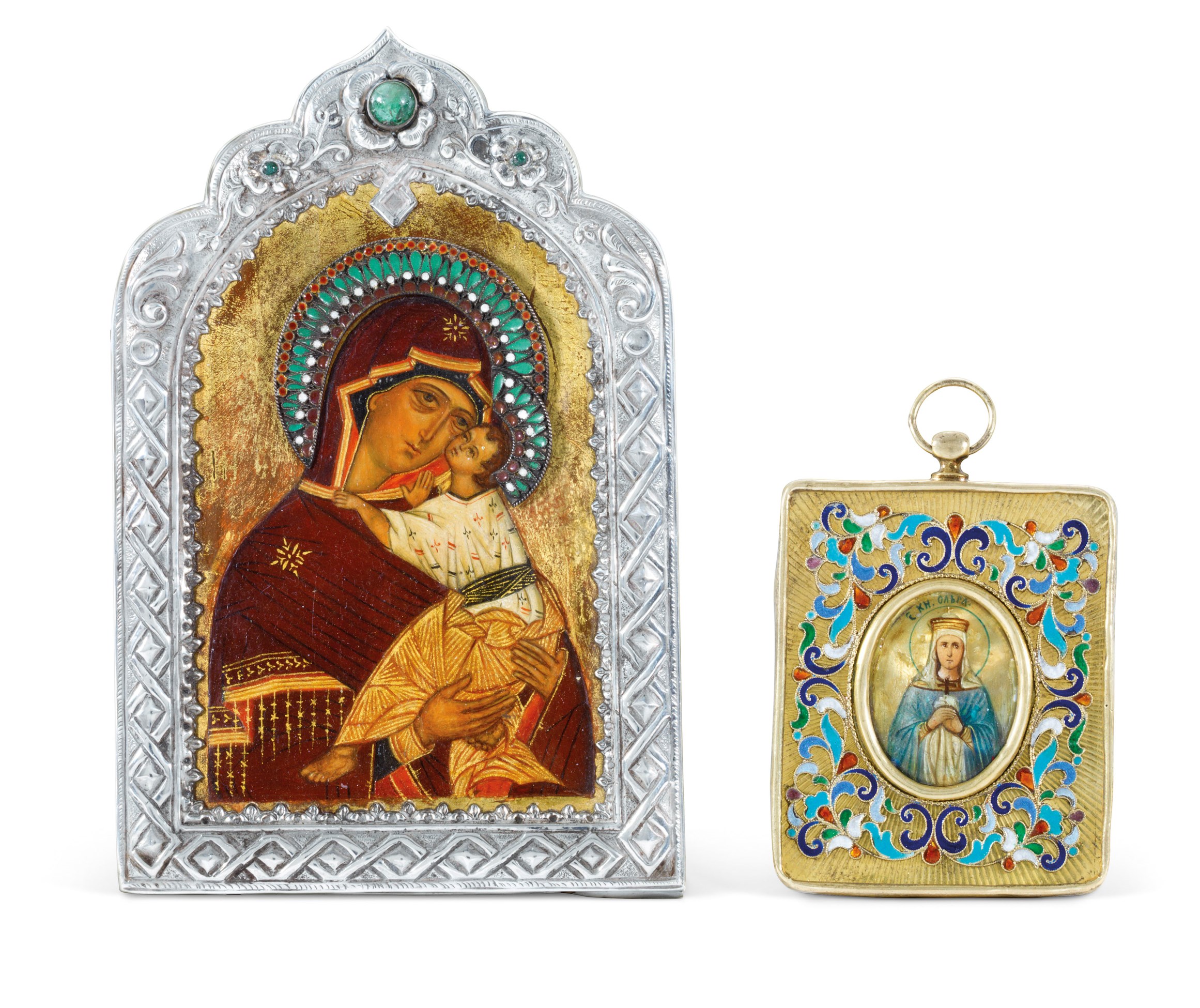 TWO SILVER AND CLOISONNÉ ENAMEL ICONS, THE ICON OF ST OLGA, MAKER'S MARK CYRILLIC 'IK', MOSCOW ...