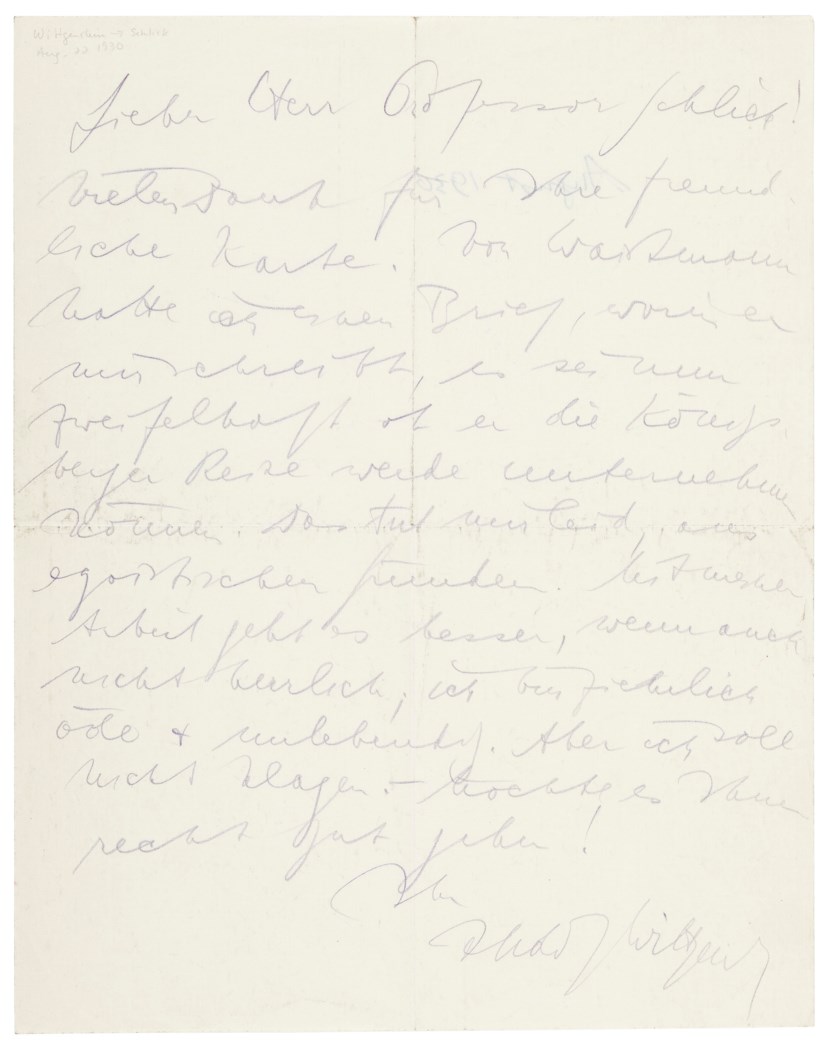 WITTGENSTEIN, Ludwig (1889-1951). Two autograph letters signed (‘Lud ...