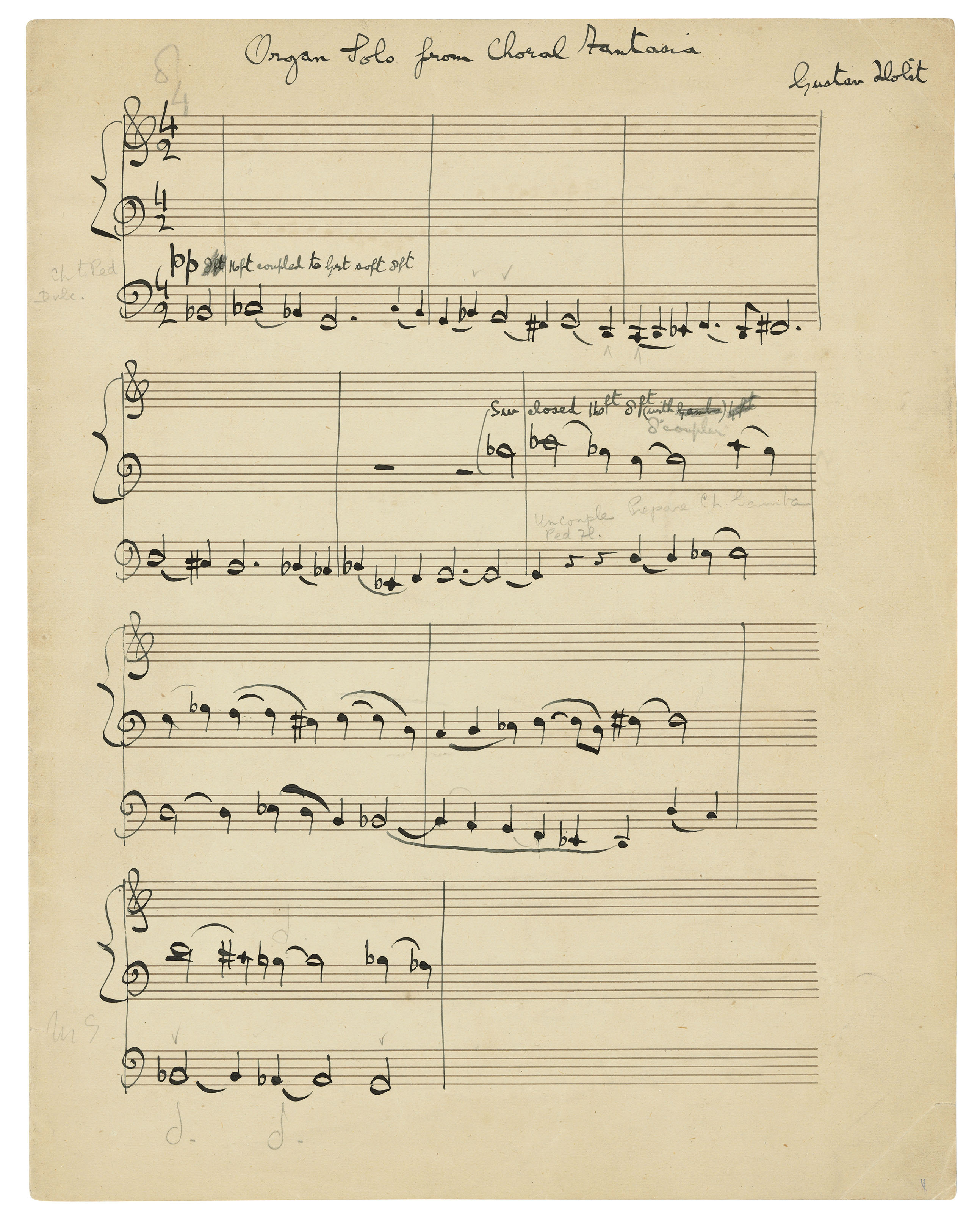 HOLST, Gustav (1874-1934). Autograph music manuscript signed (‘Gustav ...