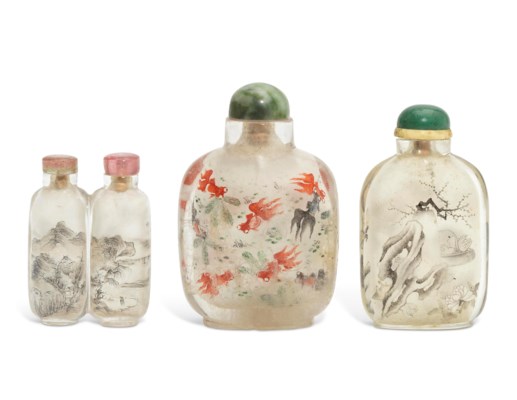 A GROUP OF THREE INSIDE-PAINTED GLASS SNUFF BOTTLES, 20TH CENTURY ...