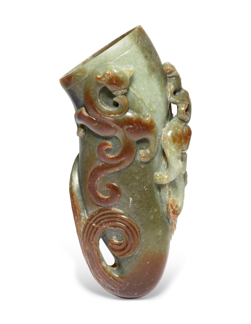 A MING-STYLE GREEN AND RUSSET JADE 'CHILONG' RHYTON, QING DYNASTY (1644 ...
