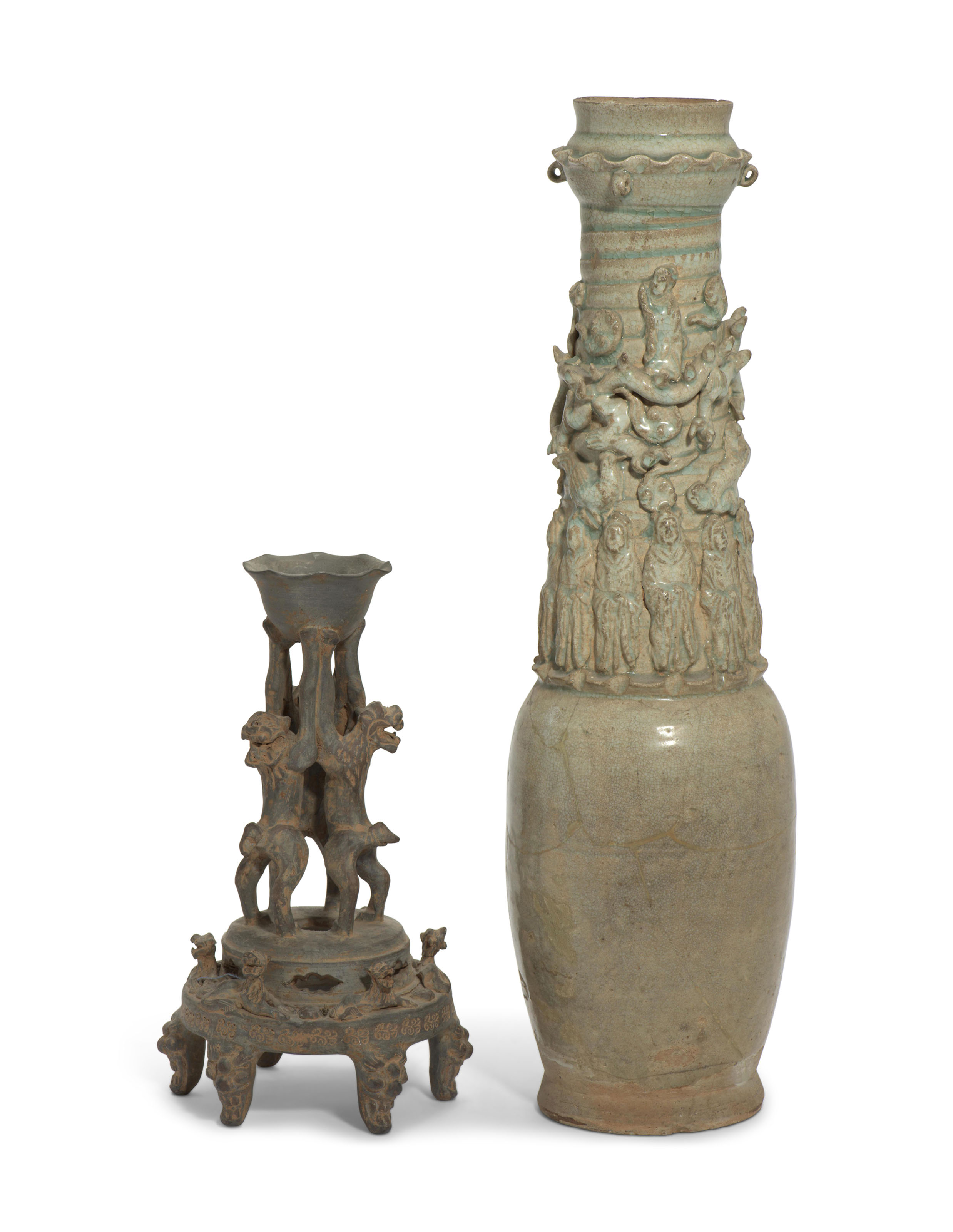 A LARGE CELADON-GLAZED FUNERARY JAR AND A HAN-STYLE POTTERY CANDLESTICK ...