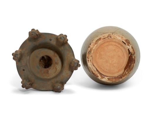 A LARGE CELADON-GLAZED FUNERARY JAR AND A HAN-STYLE POTTERY CANDLESTICK ...