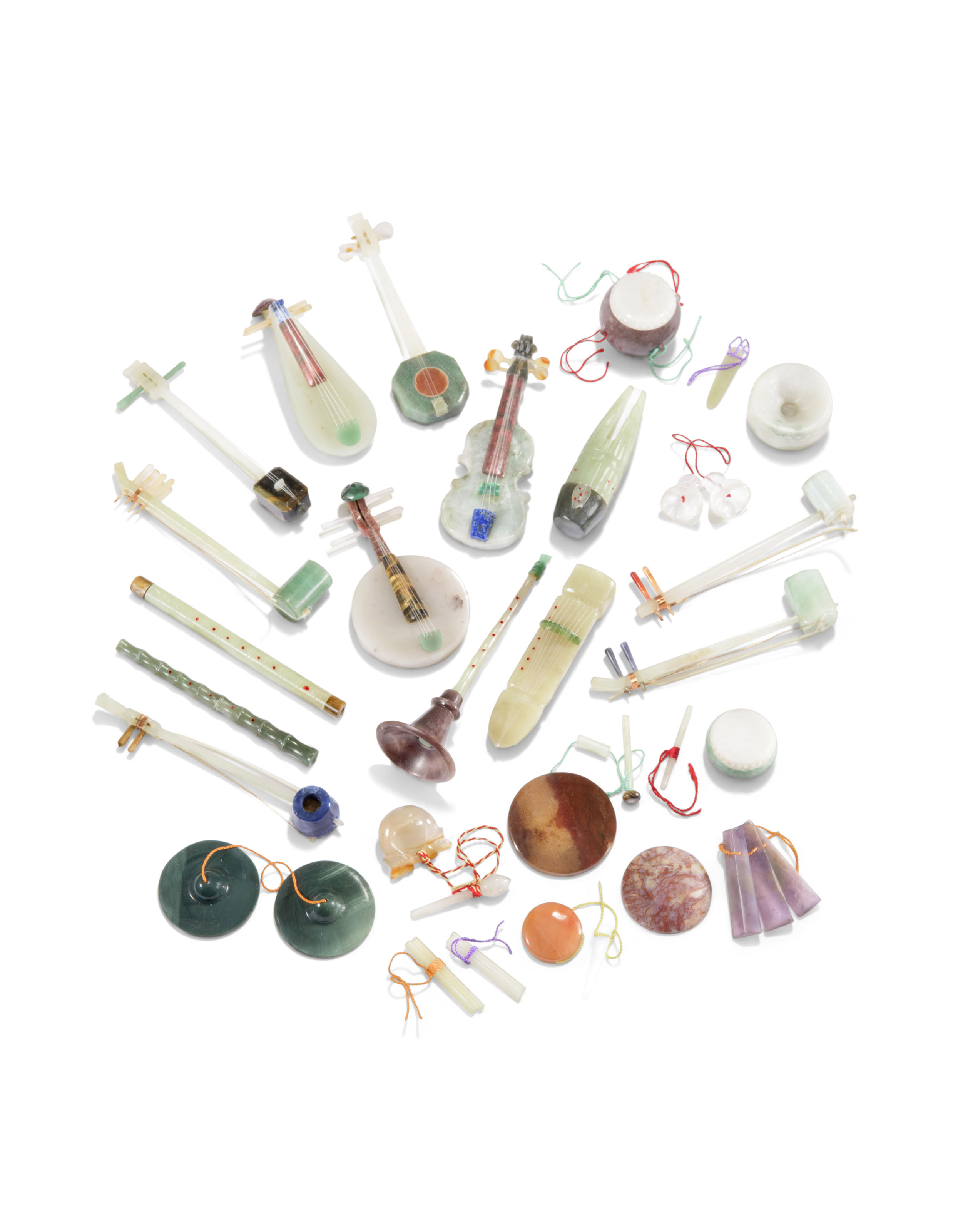 A SET OF HARDSTONE MINIATURE MODELS OF MUSICAL INSTRUMENTS, 20TH ...