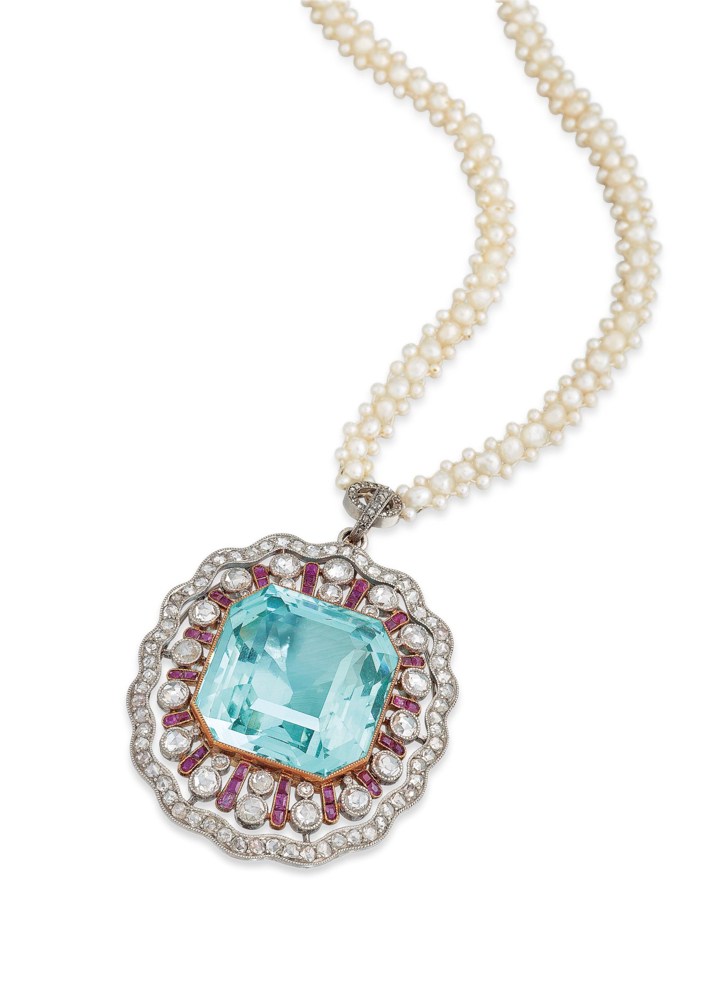EARLY 20TH CENTURY AQUAMARINE, RUBY, DIAMOND AND PEARL PENDANT NECKLACE ...