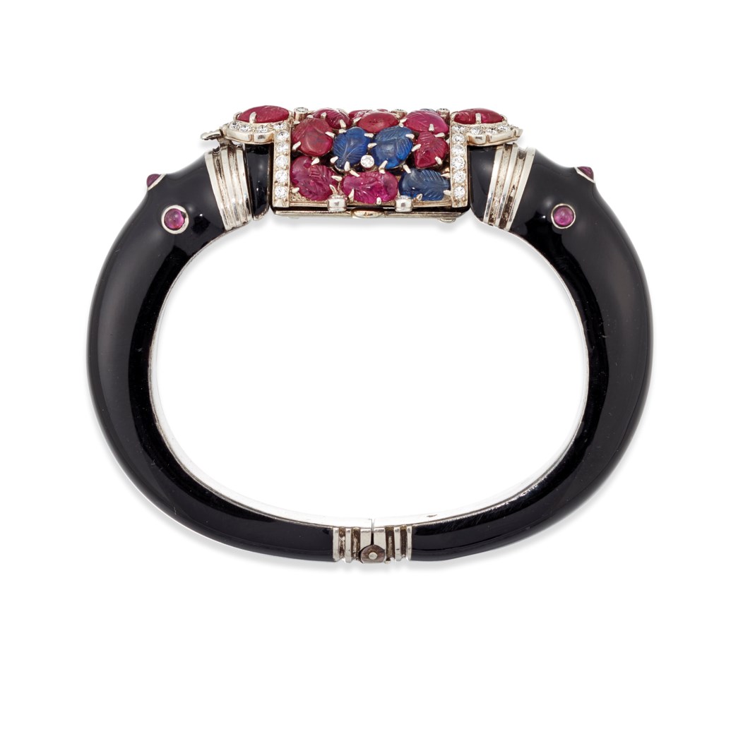 ART DÉCO RUBY, SAPPHIRE, DIAMOND AND LACQUER BANGLE/CLIP | Christie's